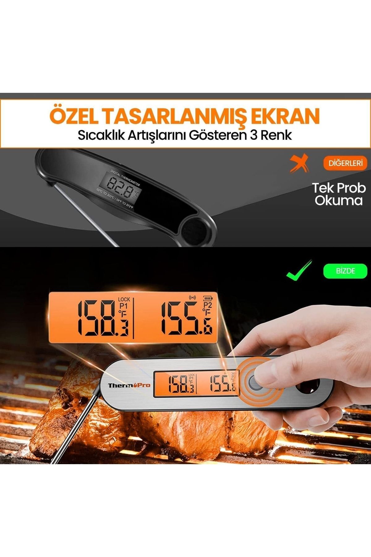 ThermoPro Thermopro Tp610 Su Geçirmez, Dijital Ve Işıklı Çift Problu ...
