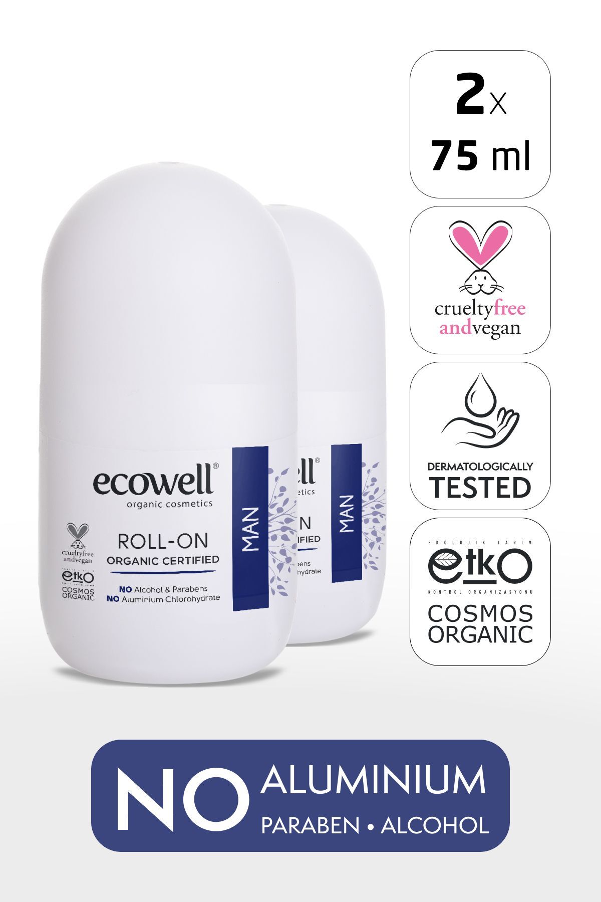 Ecowell Organik Roll-on Deodorant, Erkek 2'li, Vegan, Doğal Ter Kokusu Önleyici, 2x75 ml ...