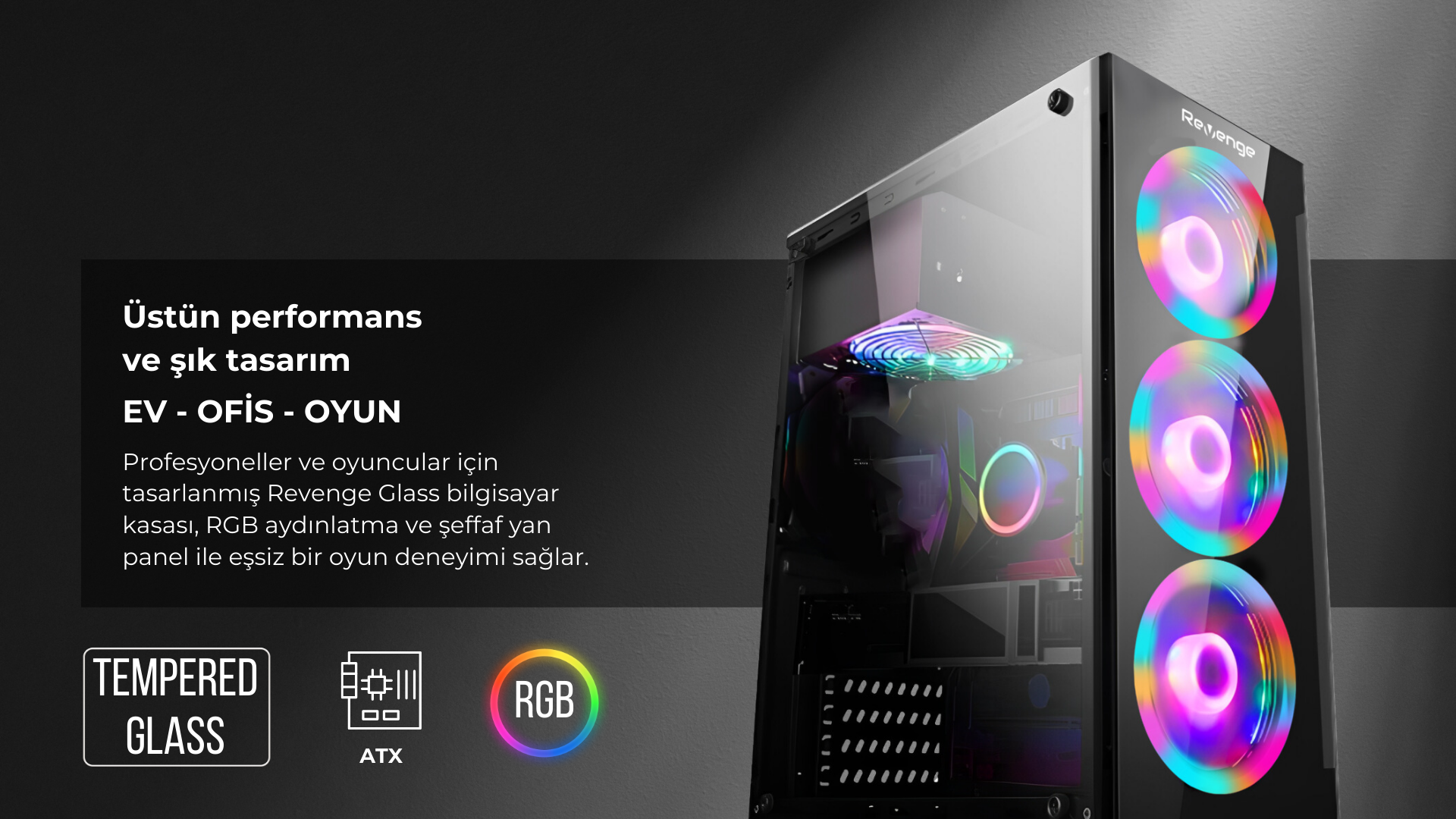 Revenge Glass 3 Rainbow Fanlı Temperli Cam Panel ATX Boş Bilgisayar ...