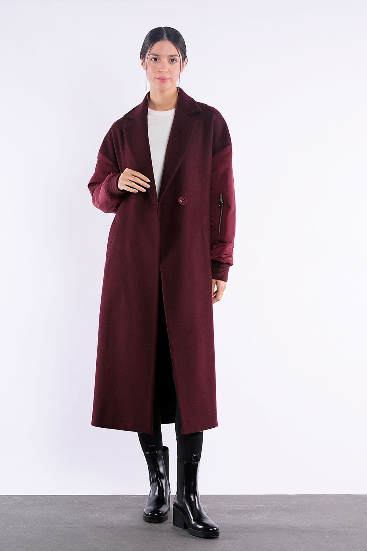 Yake Belted Burgundy Long Coat with Bomber Sleeve Detail - Trendyol