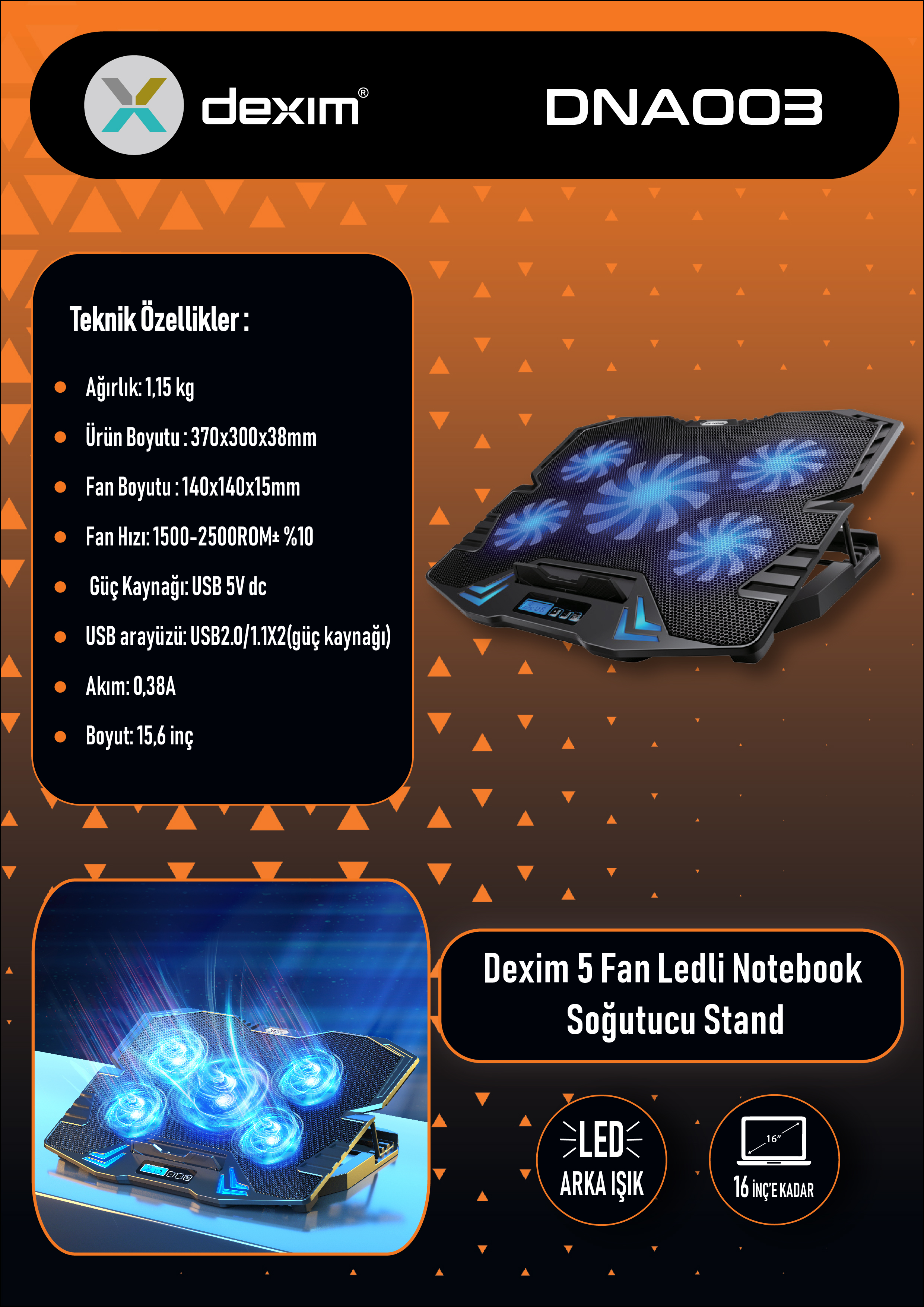 Dexim Gaming Notebook Soğutucu 5 Fanlı Led Göstergeli Ayarlanabilir ...