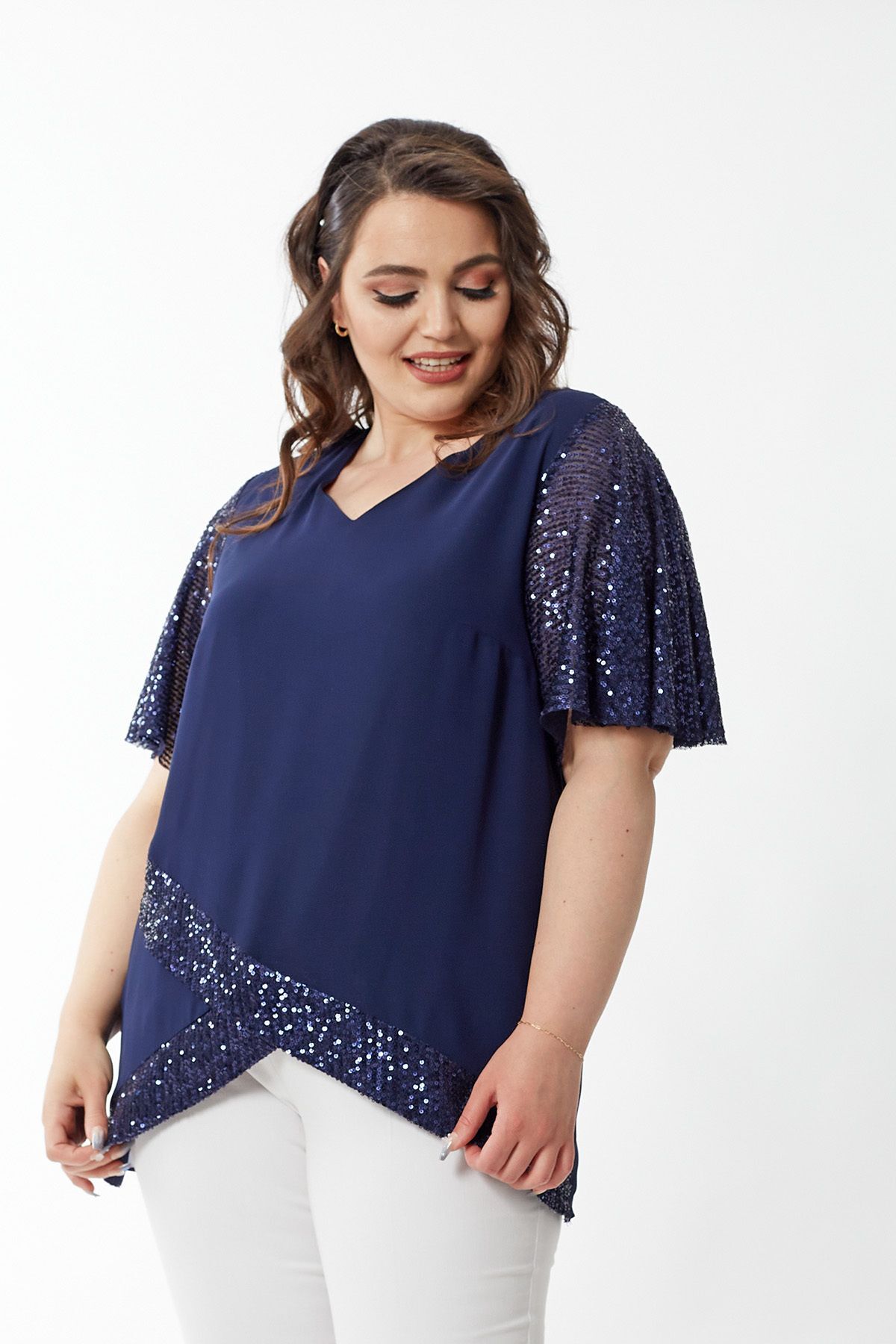 Moda Alba LACİVERT KOLLARI VOLANLI PULLU ŞIK TARZ BÜYÜK BEDEN ŞİFON ...