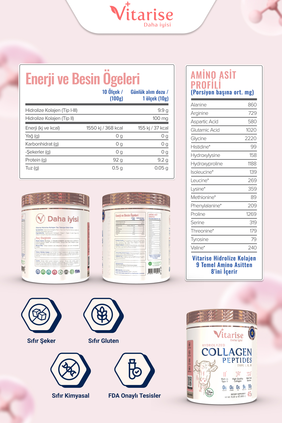 VİTARİSE İçimi Kolay Tatsız Ve Kokusuz Hidrolize Kolajen (TİP 1-2-3 ...