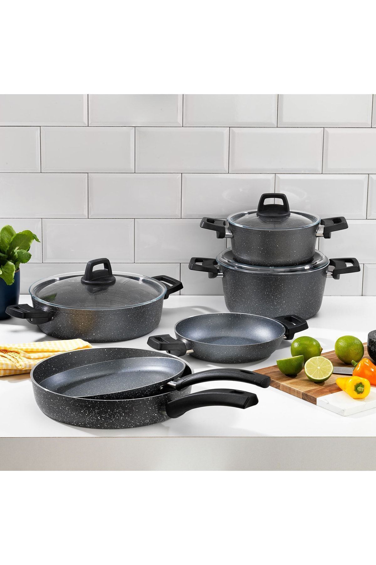 Schafer Ashen Fireproof Non-Stick Cookware Set 9 Pieces-grey- Trendyol