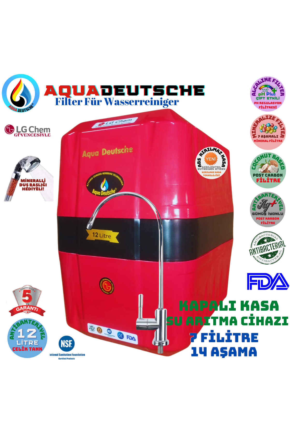 AQUA DEUTSCHE PLUS KIRMIZI-SİYAH 12 LİTRE 7 FİLİTRE 14 AŞAMA GÜMÜŞ İYONLU SU ARITMA CİHAZI DUŞ ...