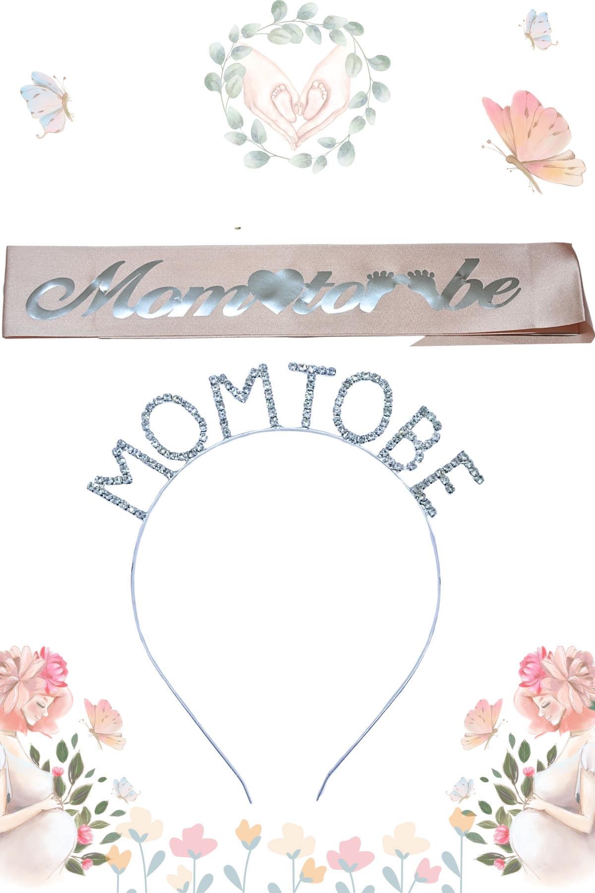 Larenya Mom To Be Metal Taç Ve Kuşak & Baby Shower Set & Pembe Gümüş ...