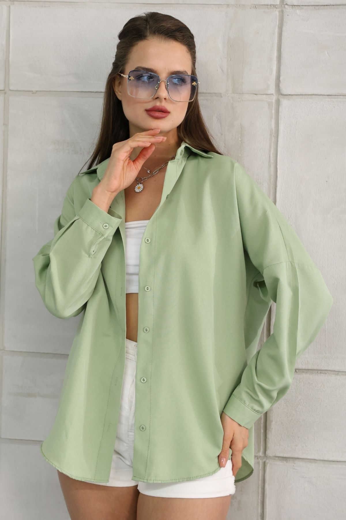 Yeliz Ylz Oversize Kadın Açık Çağla Yeşili Gömlek - Oversize Uzun Basic ...