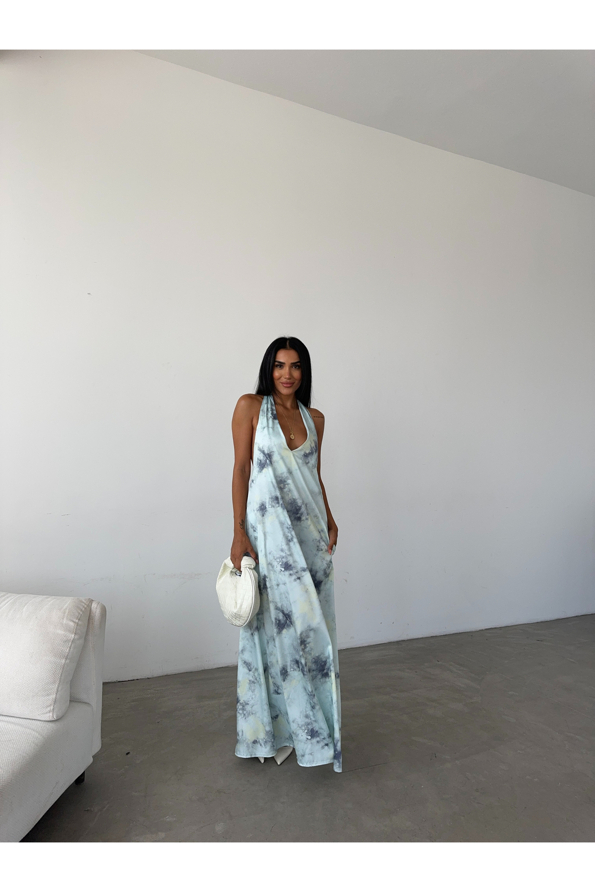 Fiori Rochie Maxi din Satin - Cu Motiv- Trendyol