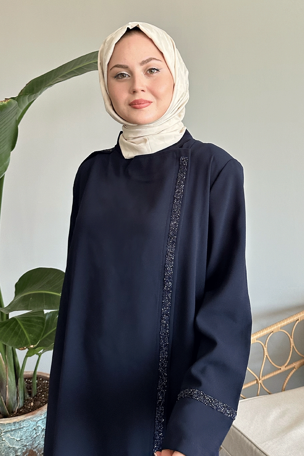 InStyle Dark Blue Ferace with Stone Detail - Collar and Front Robe ...