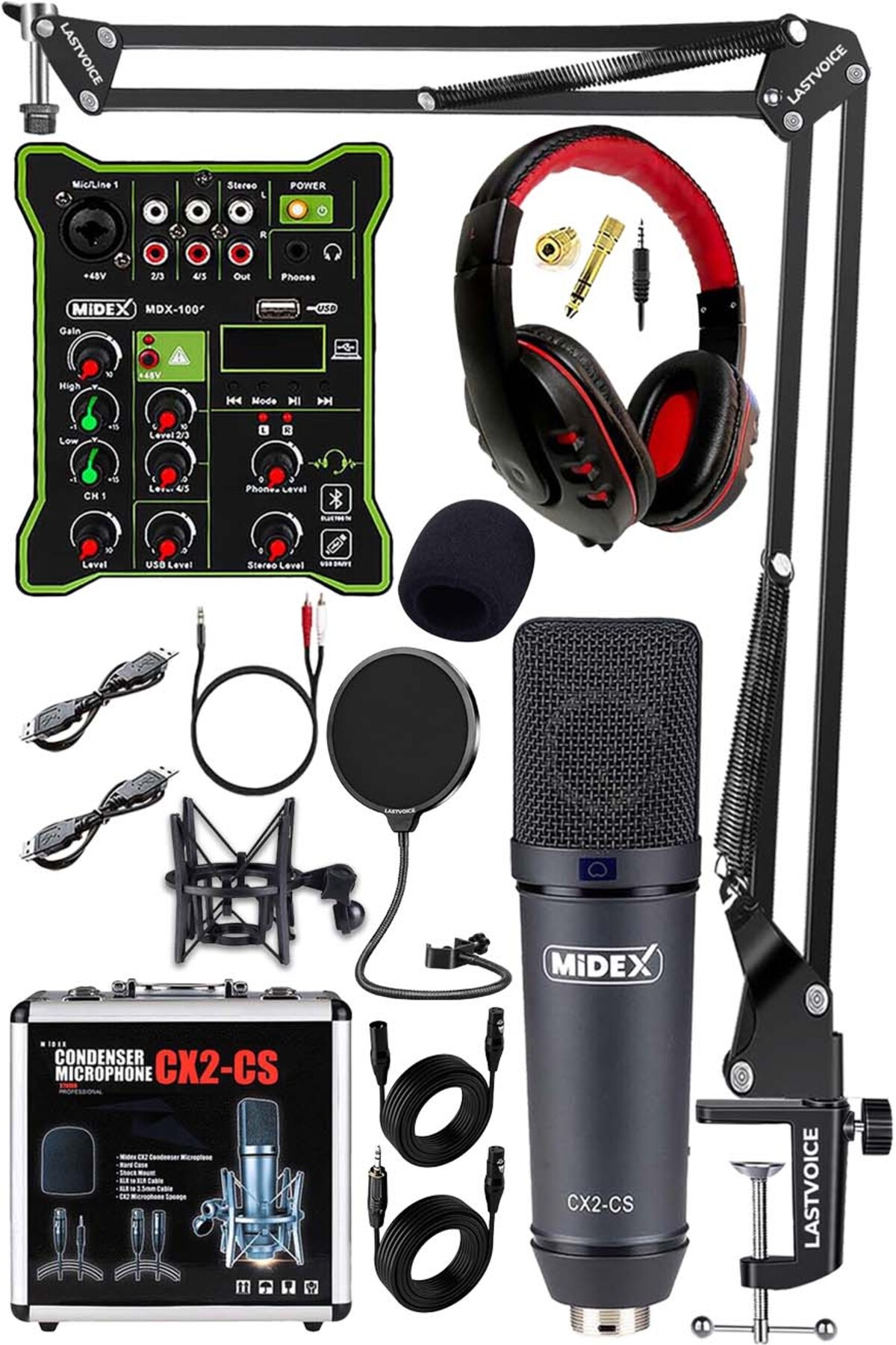 Midex Wizard Paket-1 CX2 Stüdyo Mikrofon MDX-100 Stüdyo Kayıt Mikseri Kulaklık Ekipman Seti ...