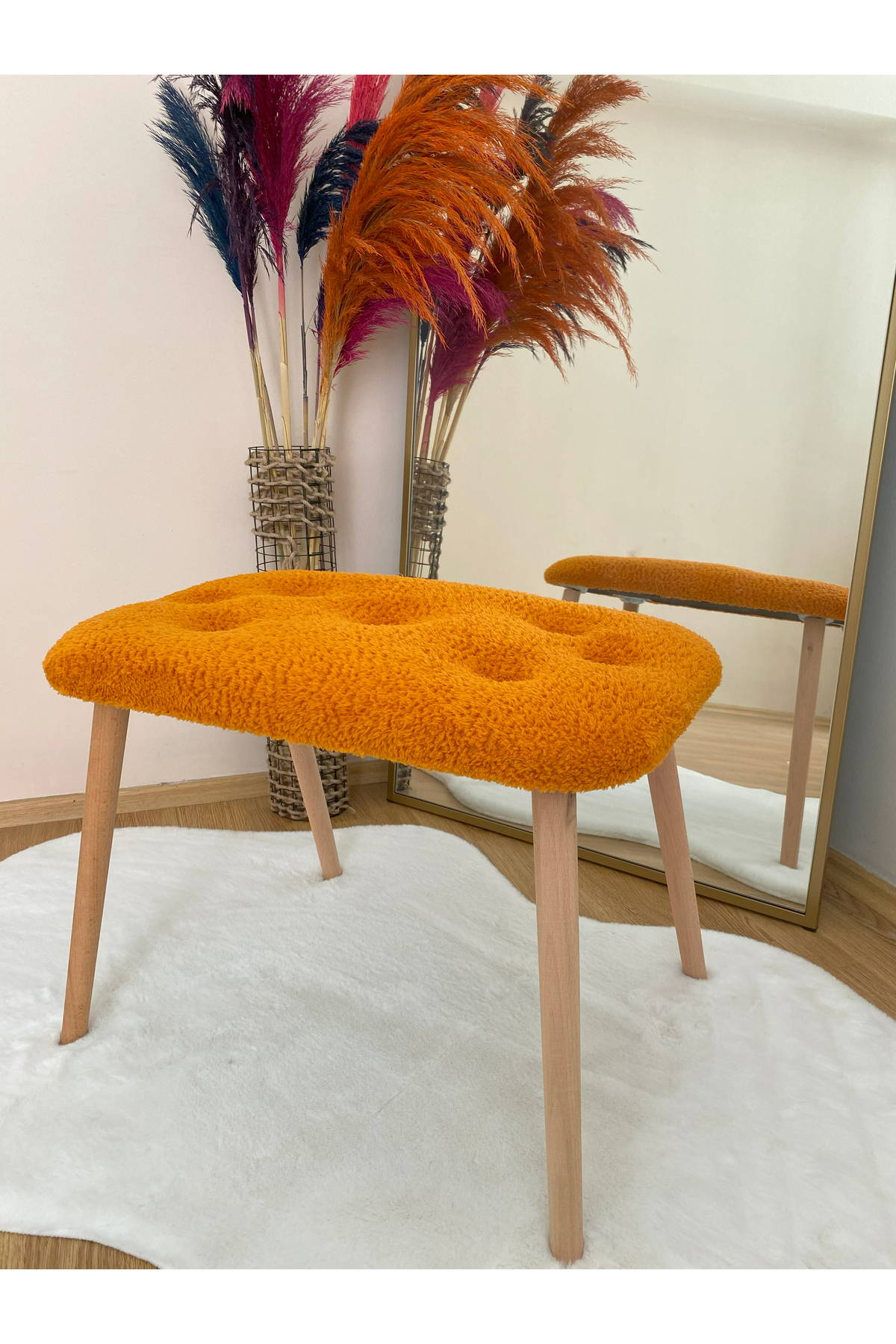 Bounteous Gürgen Ahşap Ayaklı Teddy Kumaş Tabure, Puf Bank, Diktörtgen ...