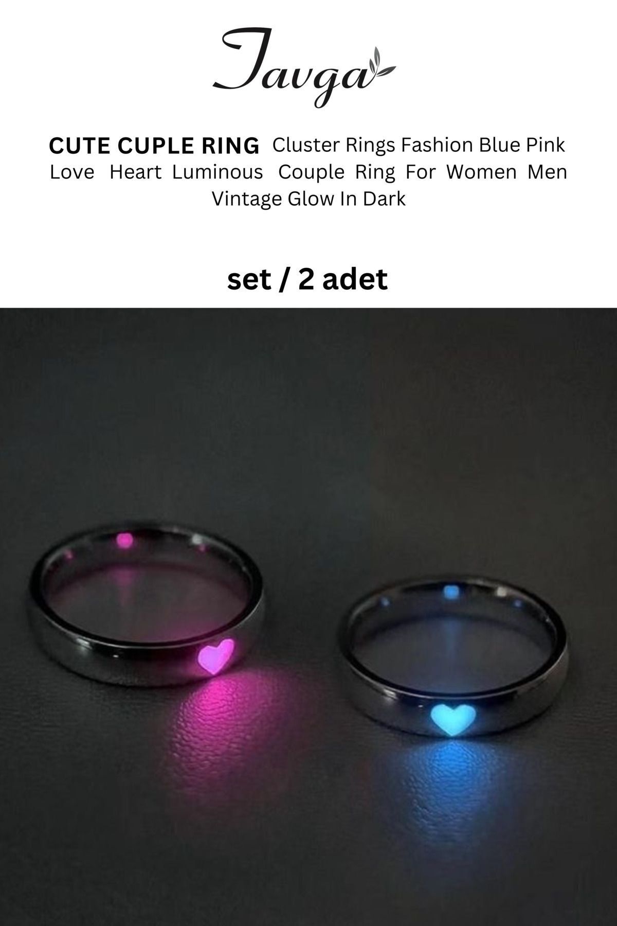 TAVGA 2li Silver Couple Ring Neon Işıklı Sevgili Aşk Yüzük Seti Mavi Ve ...