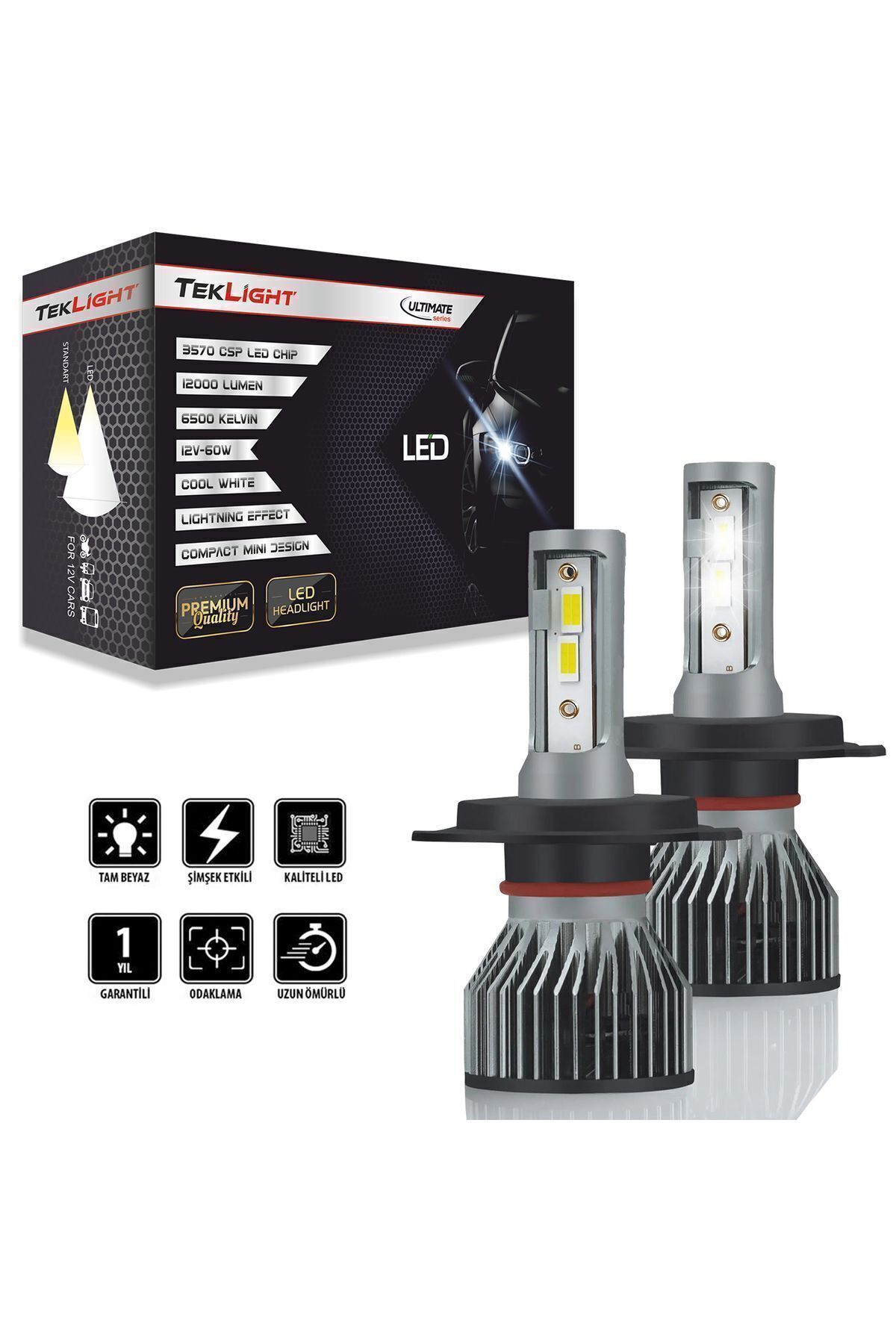 Teklight Ultimate Mini H4 Led Xenon Far Ampulü 12000 Lümen CSP Kısa Tip Mini Slim Şimşek Etkili ...