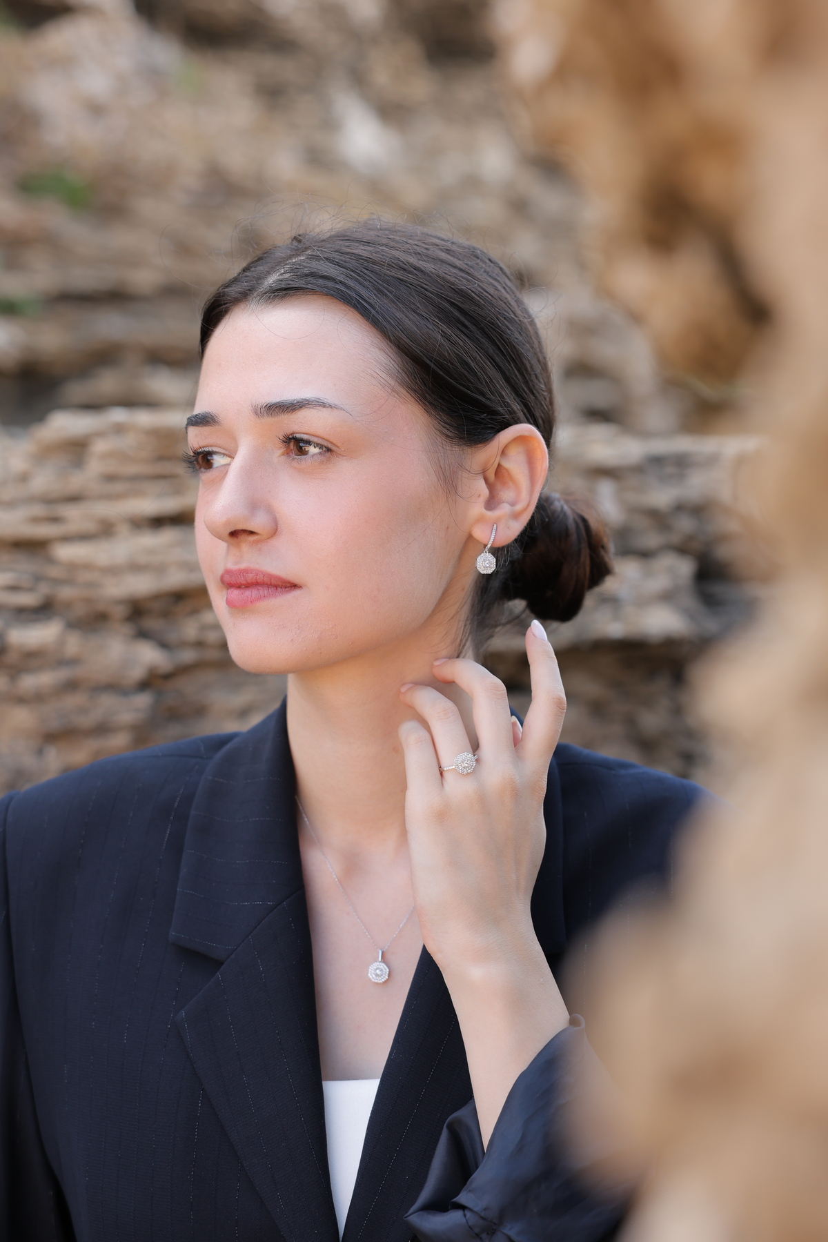 CVK Jewellery Baget ve yuvarlak taşlı mini set 14 ayar beyaz ...