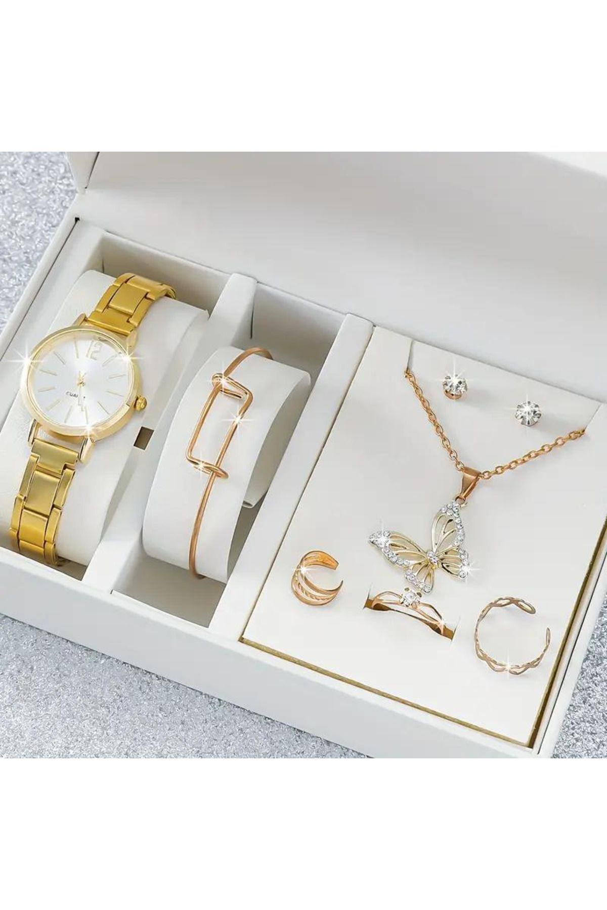 Inschic 8 Adet Altın Kuvars Kol Saati ve Kelebek Takı Seti - Fiyatı ...