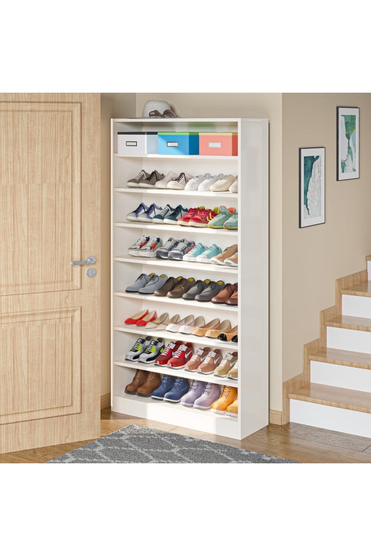 Ecai ECAİ TASARIM Beyaz Ayakkabılık Rafı, 8 Raflı Mdf Ayakkabılık, Ayakkabı Standı, Geniş Raf ...