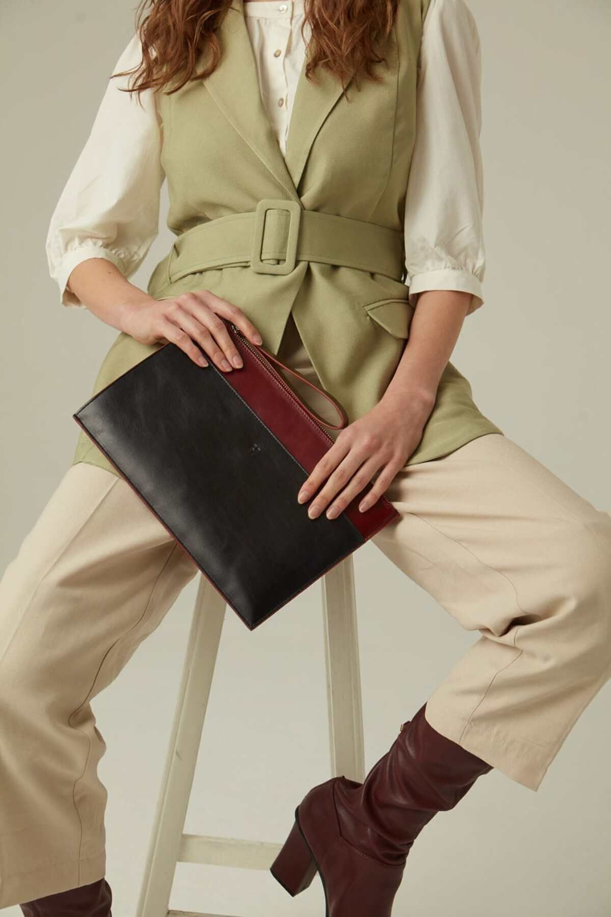 HELMBROOK Beverly Kadın Bordo Siyah Deri Cepli Fermuarlı Rfid Korumalı ...