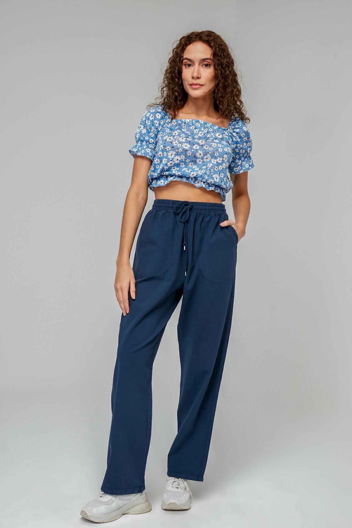 MONAHA Kadın Açık Lacivert Yüksek Bel Keten Görünümlü %100 Pamuk ...