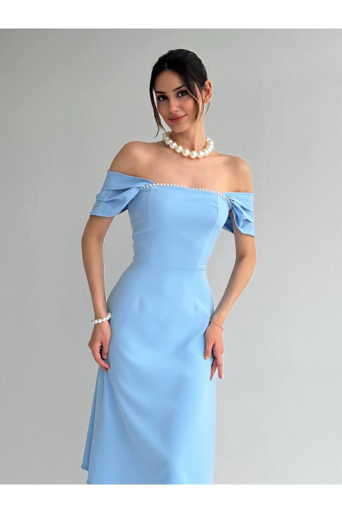 mafdress pearl detailed midi bebe blue evening graduation dress - Trendyol