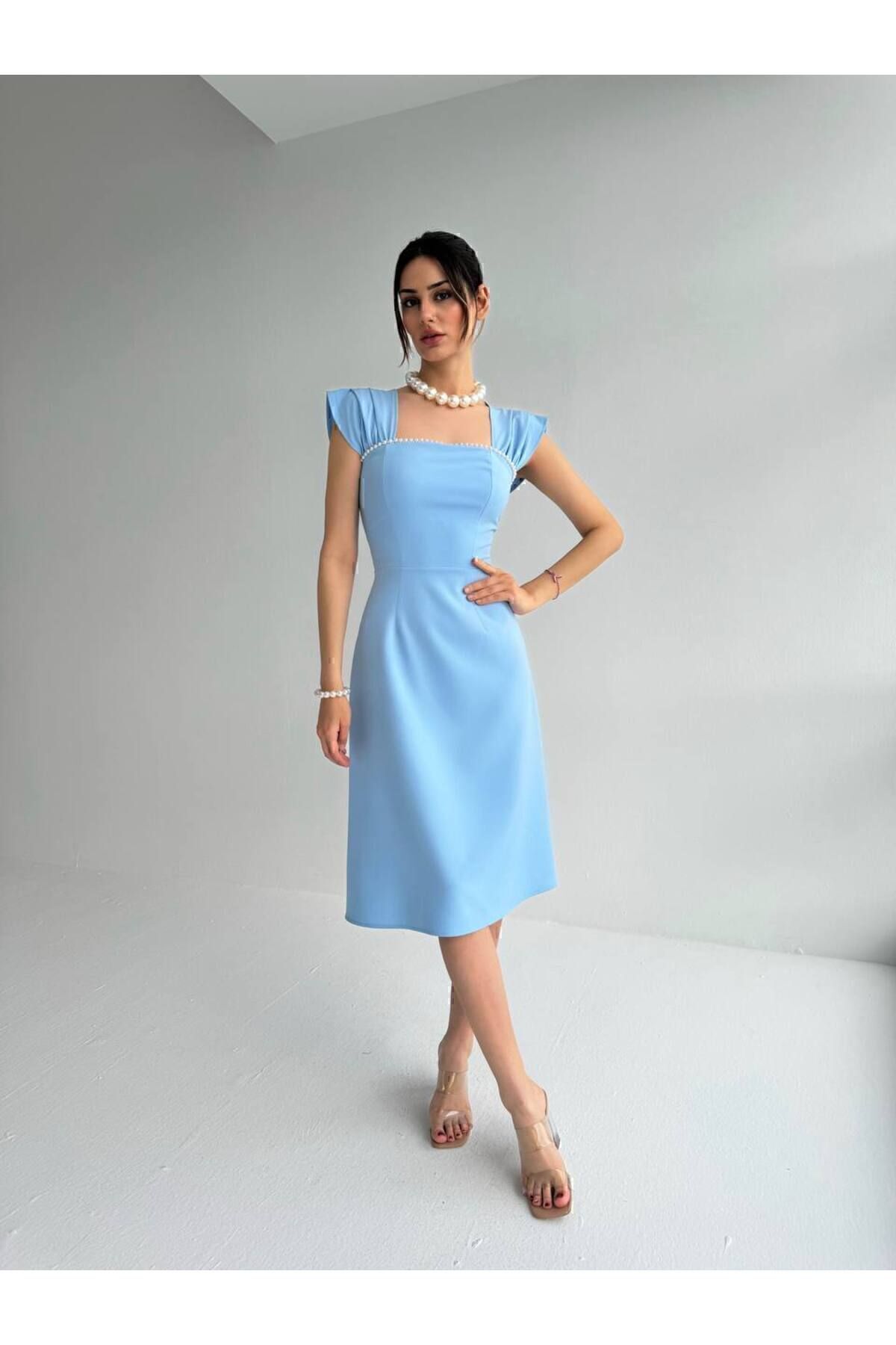 mafdress pearl detailed midi bebe blue evening graduation dress - Trendyol
