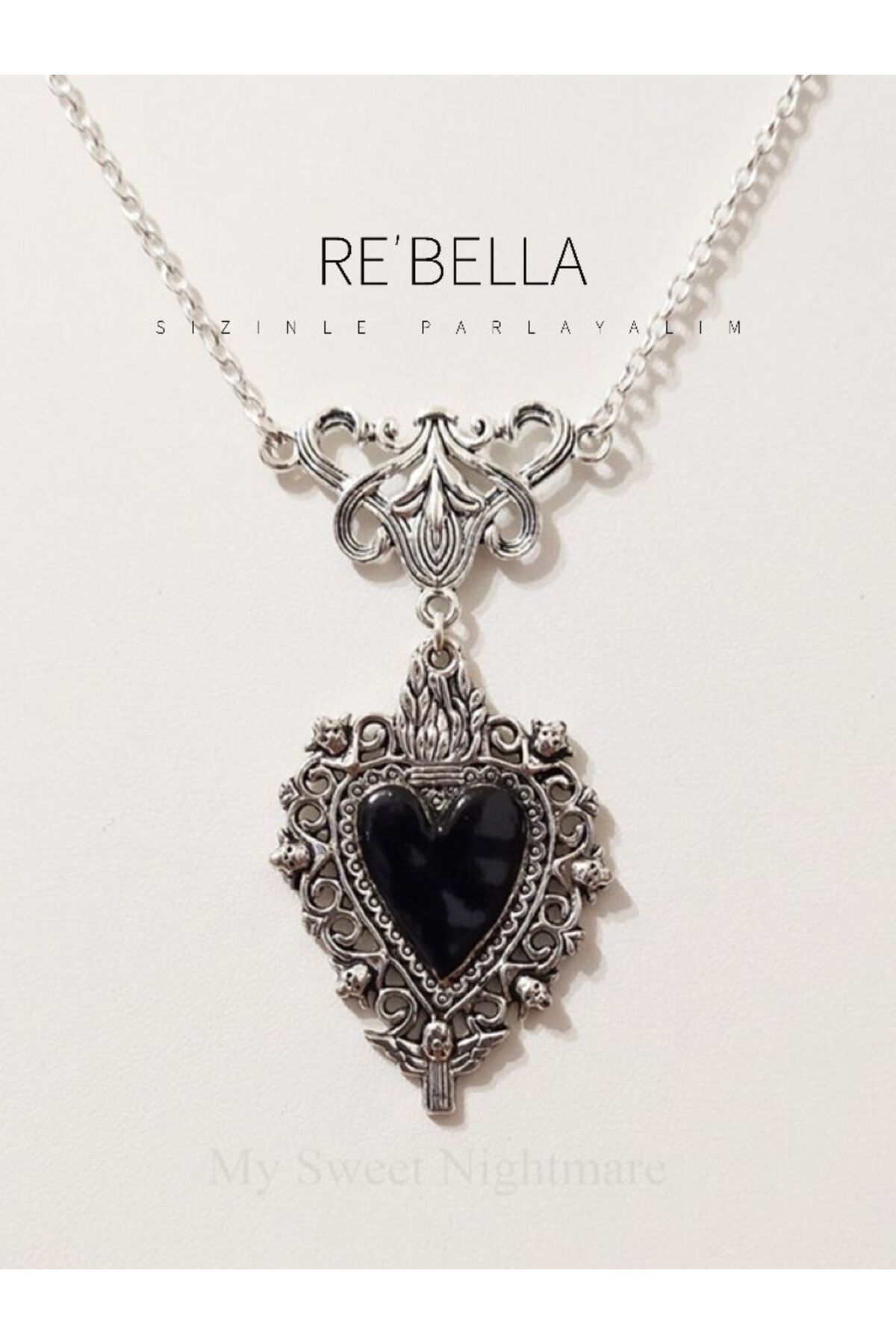 RE'BELLA Vintage Gotik Tarz Siyah Kalpli Gümüş Renk Çelik Zincir Kolye ...