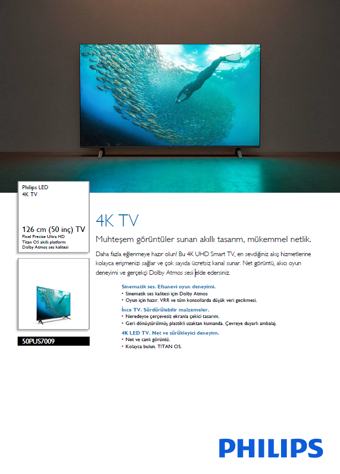 Philips 50PUS7009/62 50 İnç LED 4K UHD Smart TV (Titan OS) - Fiyatı ...