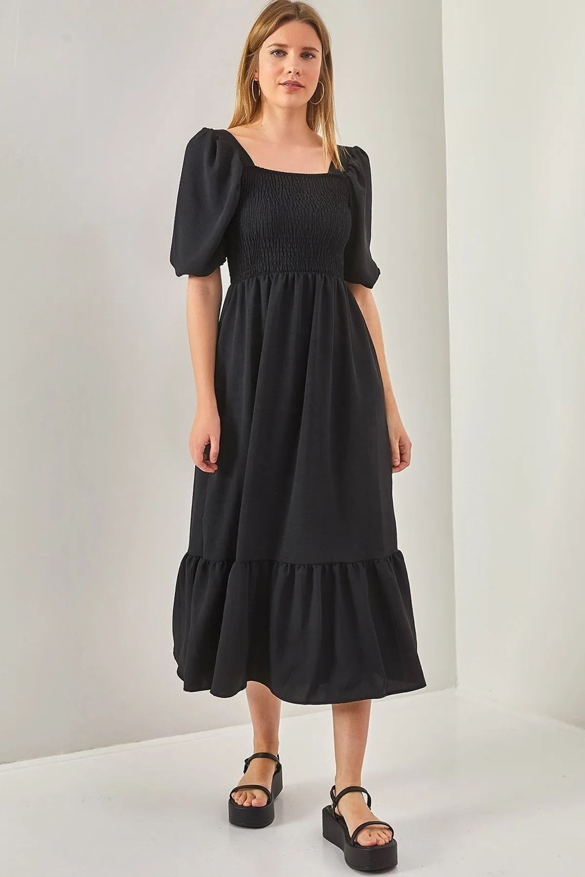 Siyah Kadın Siyah Bürümcük Kumaş Gipeli Balon Kol Bodrum Elbise 125 Cm ...