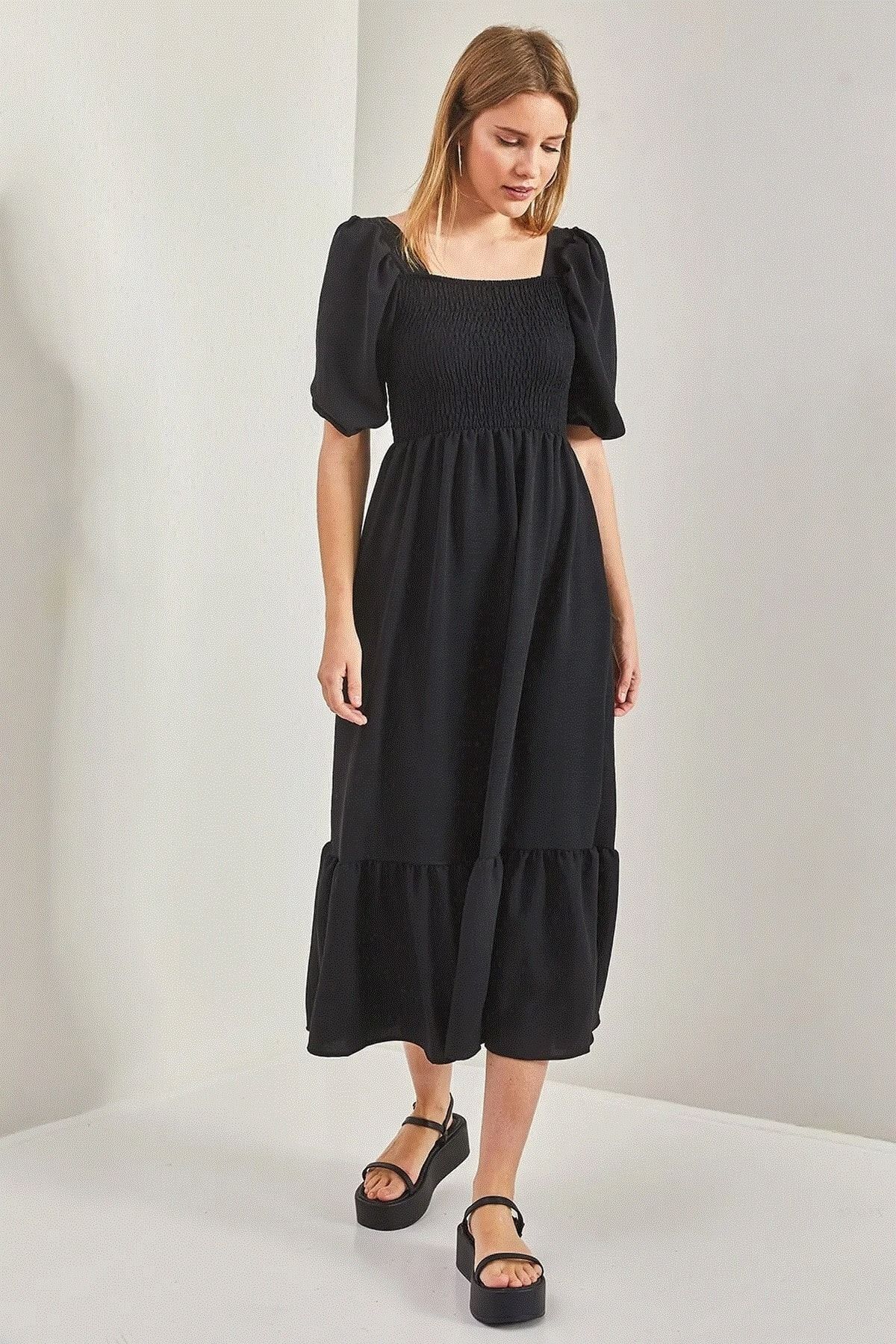 Siyah Kadın Siyah Bürümcük Kumaş Gipeli Balon Kol Bodrum Elbise 125 Cm ...