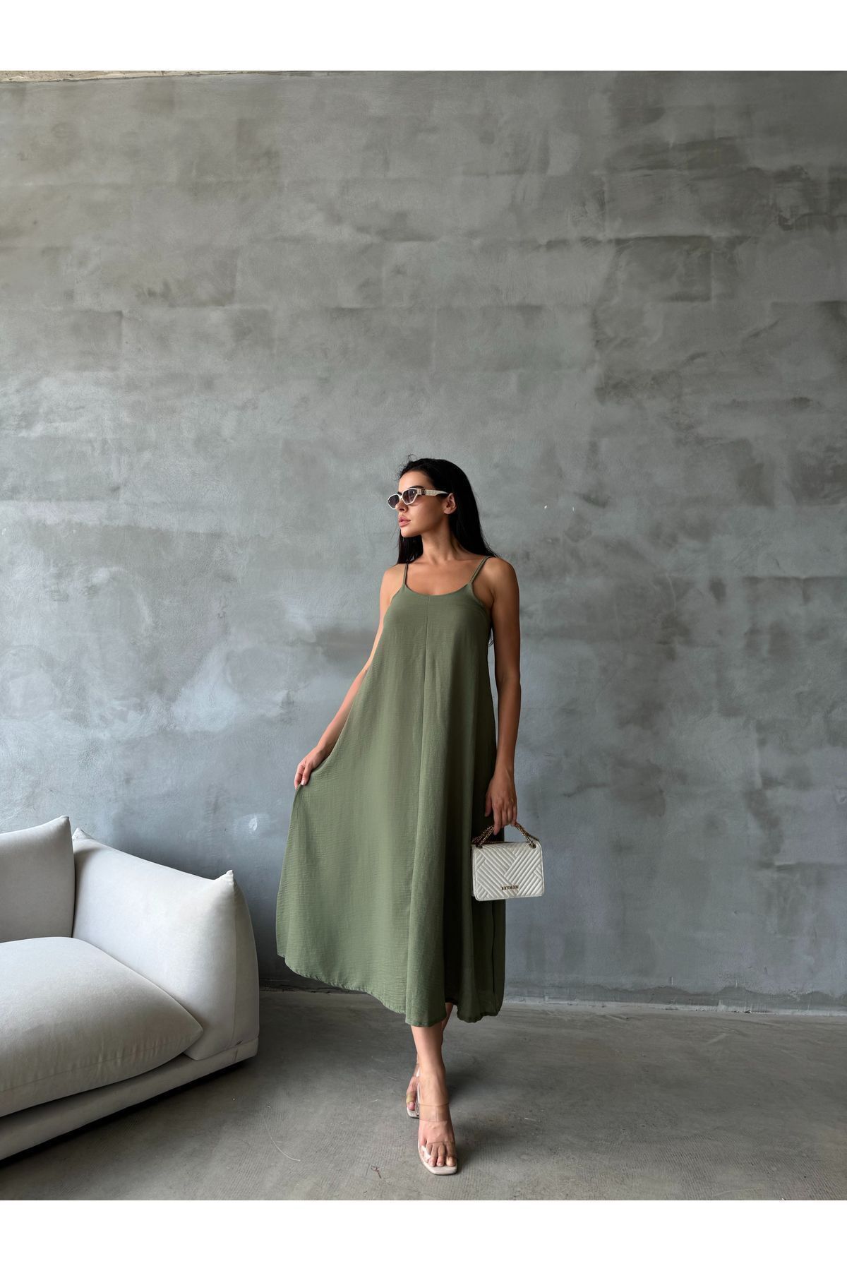 Gi Collection Kadın Haki Keten Ayarlanabilir Ip Askılı Midi Elbise ...