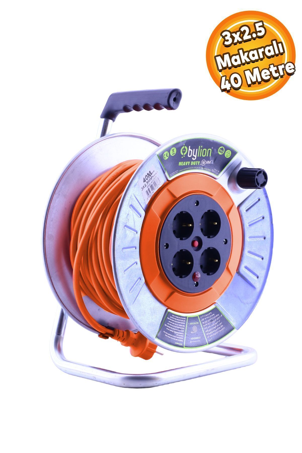 Badem10 Seyyar Ip20 Metal Makaralı 4 Prizli Uzatma Kablosu 3x2.5 Mm Cca Kablo 40 Metre Termal ...