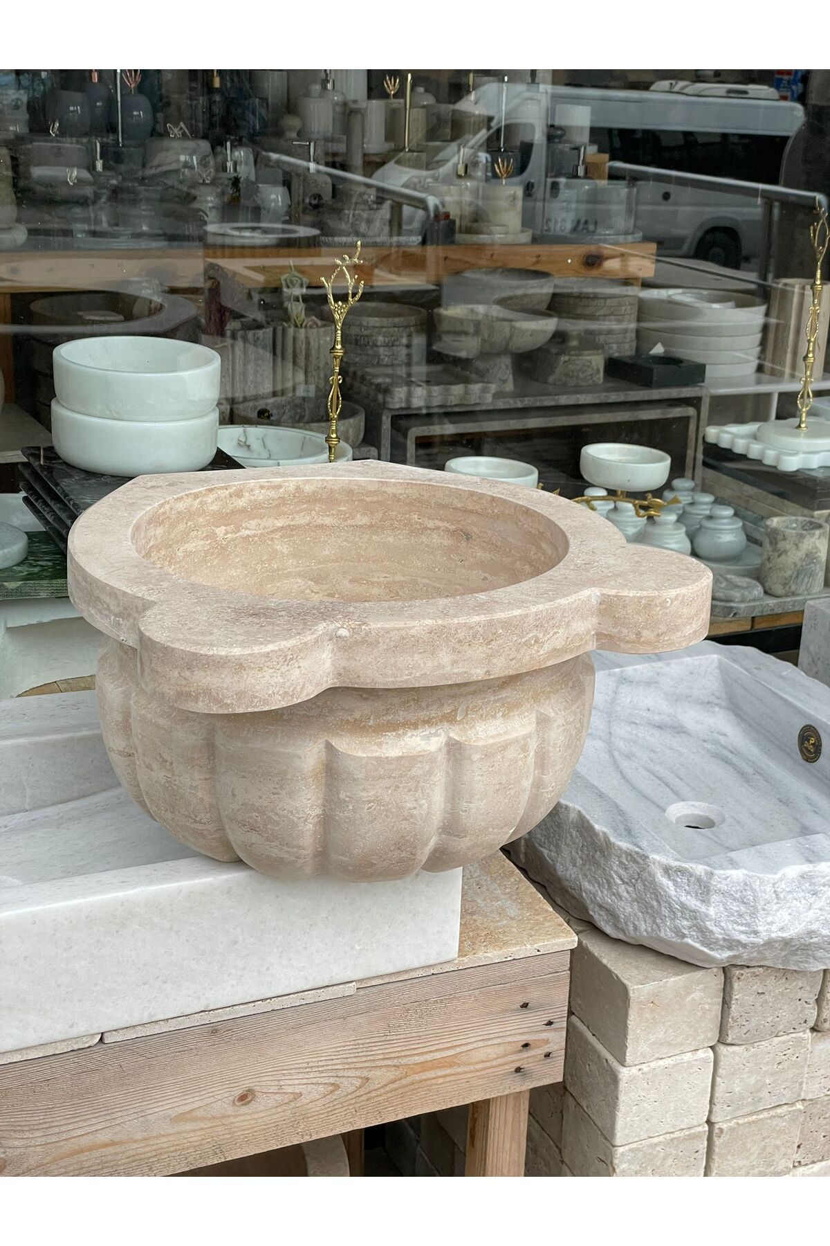 Polen Stone Traverten Doğal Taş Kavun Dilimli Model hamam kurnası 1 ...