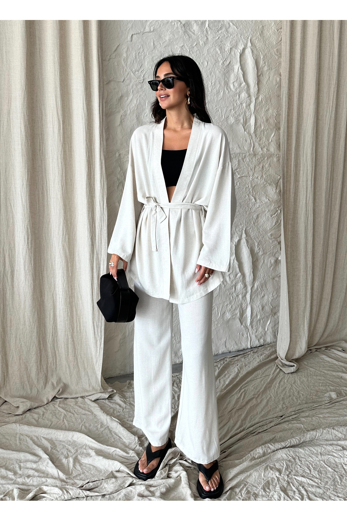 King Brothers Kadın Rahat Kesim Kimono Takım Ham Keten Yeni Sezon Kuşaklı Bol Kalıp - Fiyatı ...