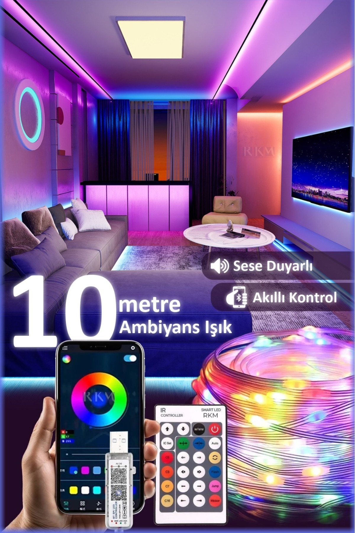 rkmstore Smart Led 10 Metre Yeni Nesil Sese Duyarlı Kumandalı Bluetooth ...