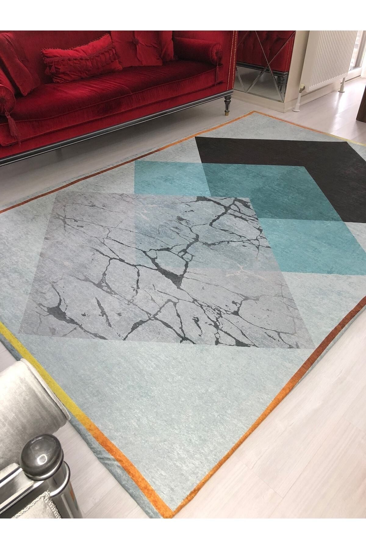 Madame Clean Home Yeni Desen Turkuaz Piramit Model Kadife Halı Örtüsü ...
