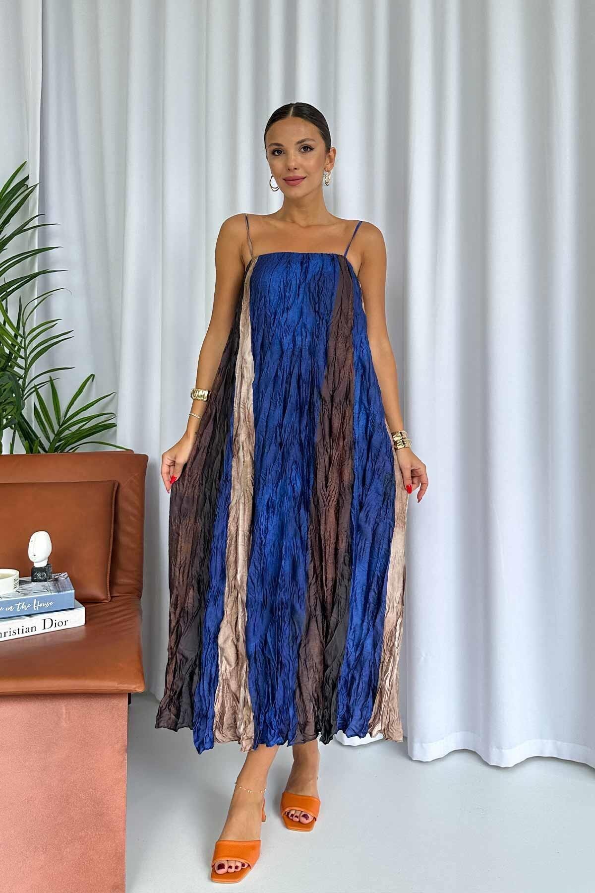 Mine Tan Butik İnce Askılı Saten Kendinden Kırışık Kadın Elbise ...