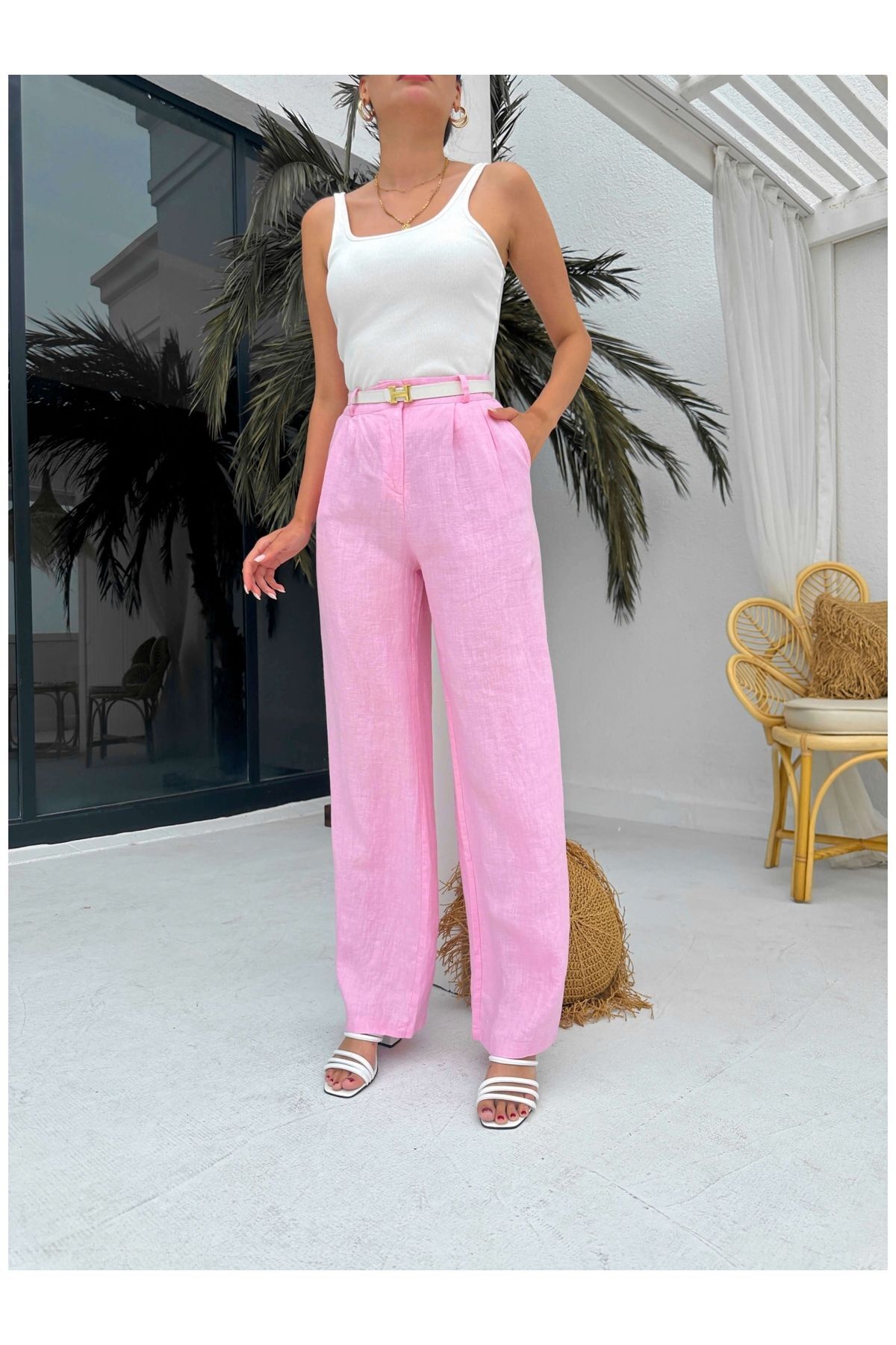 ESRAHELVACI Pembe Ham Keten Bol Pantolon - Fiyatı, Yorumları