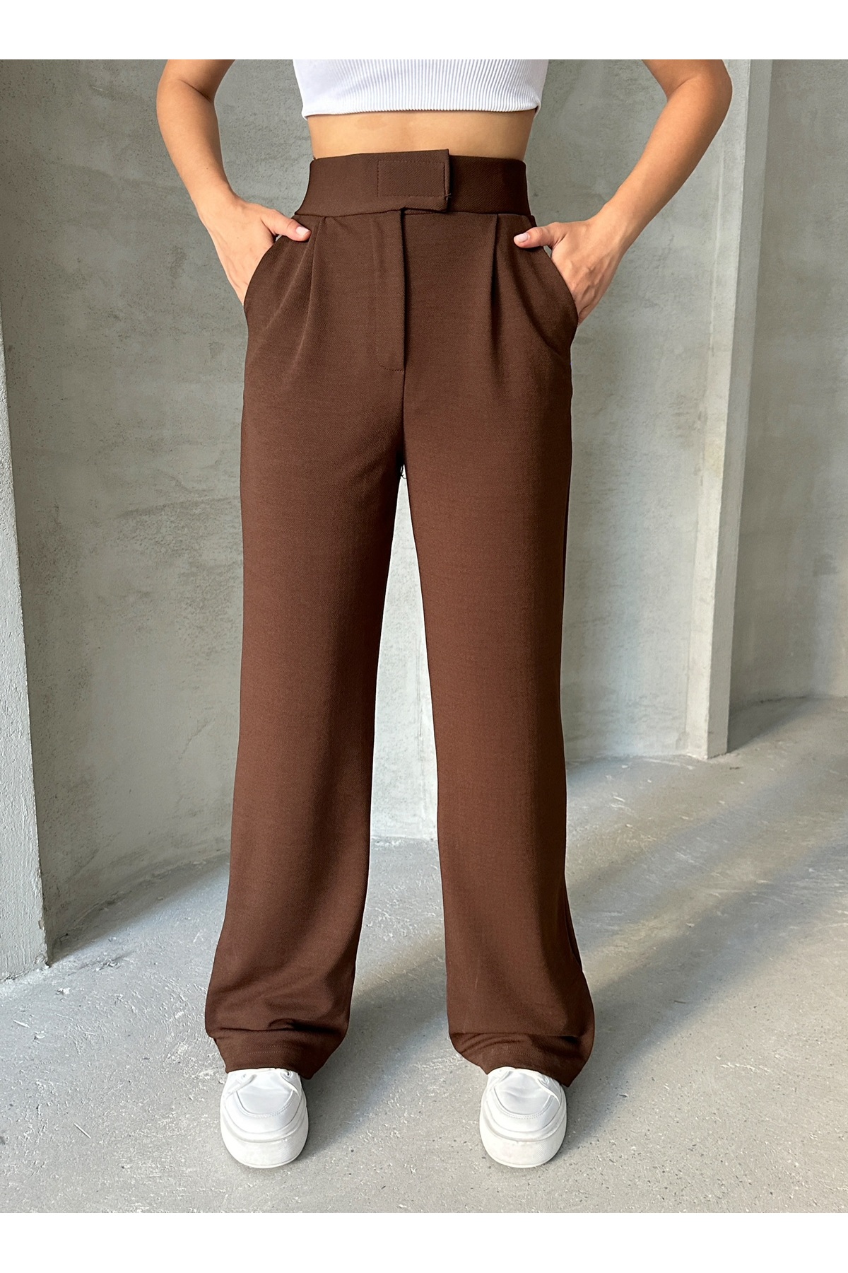 BEJNA Kadın Kahverengi Cırtlı Likralı Palazzo Pantolon - Fiyatı, Yorumları