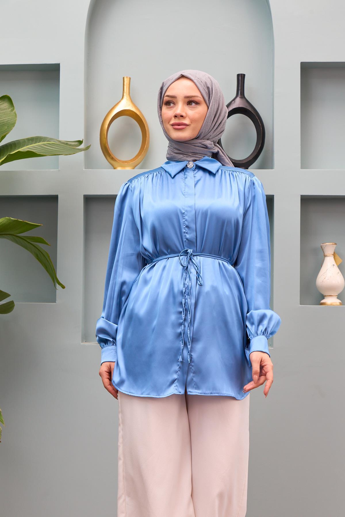 Hülya Keser Gamze Belden Bağlamalı Saten Gömlek - Bebe Mavi Fiyatı ...