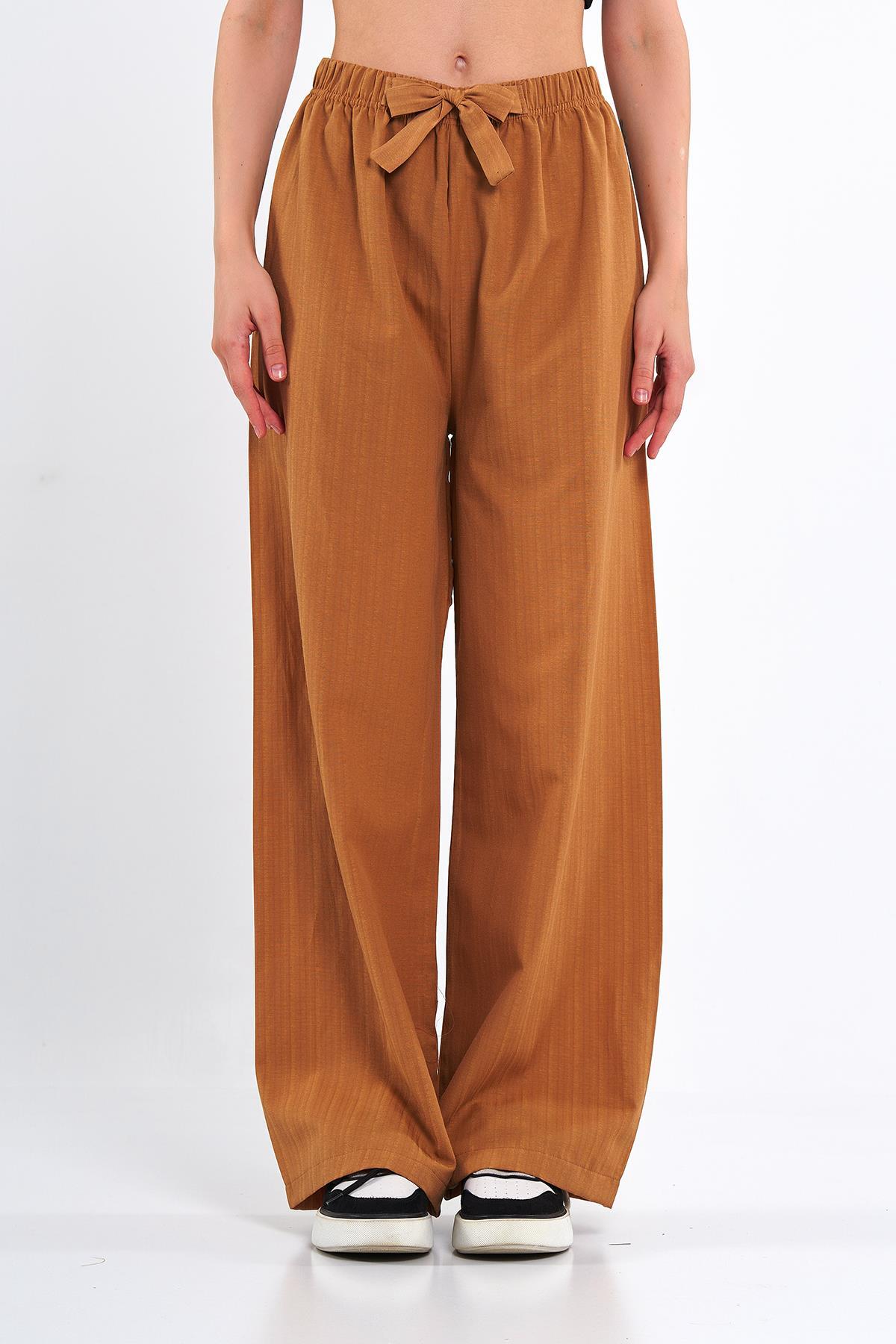 Esse Jeffe Kadın Yazlık Bol Kesim Keten Astarlı Yazlık Pantolon Beli Lastikli Rahat Kesim Tiril ...