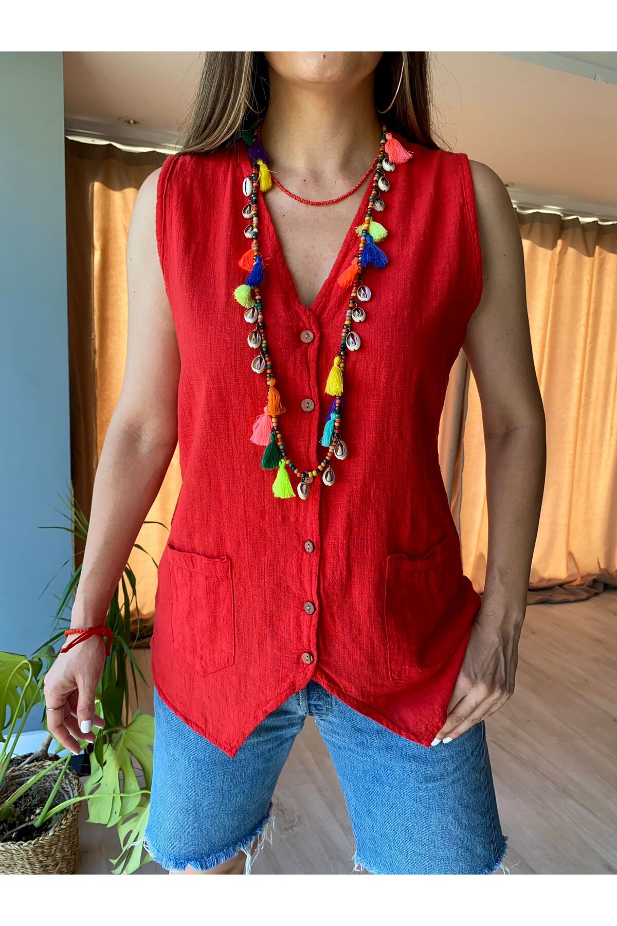 Store By Dilara Kırmızı Keten Yelek - Fiyatı, Yorumları