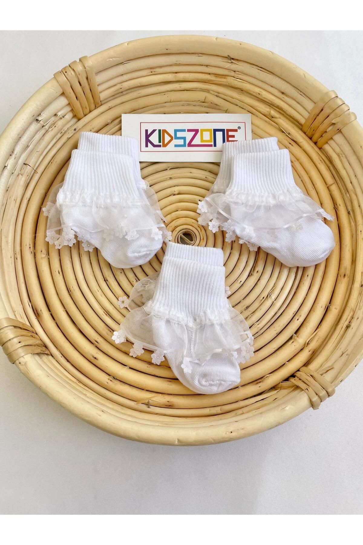 kidszone Yenidoğan Bebek Çorap 3’lü Dantel Detay Kız Bebek Çorap ...