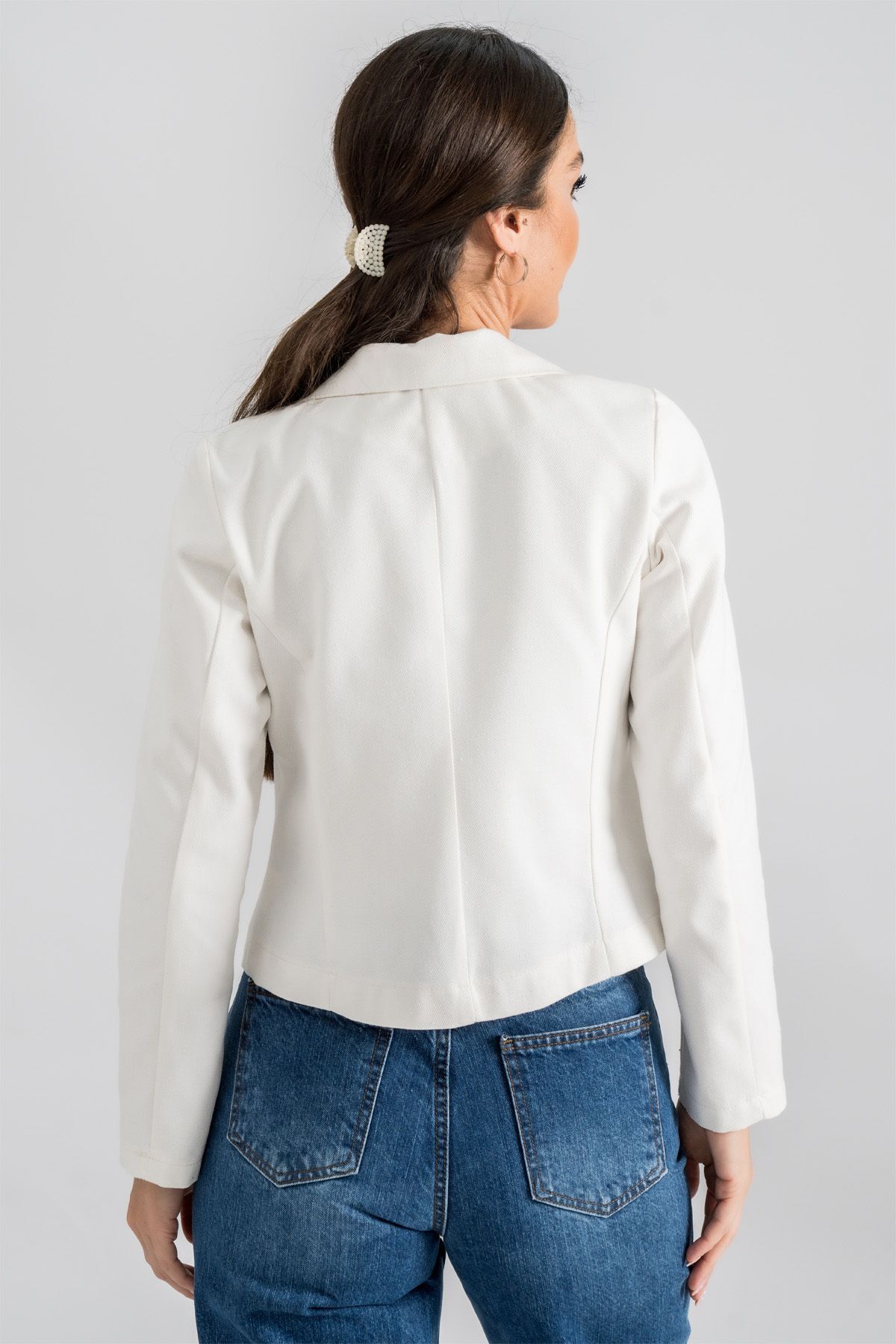 armonika Women's Ecru Double Breasted Collar Gabardine Crop Jacket ARM ...