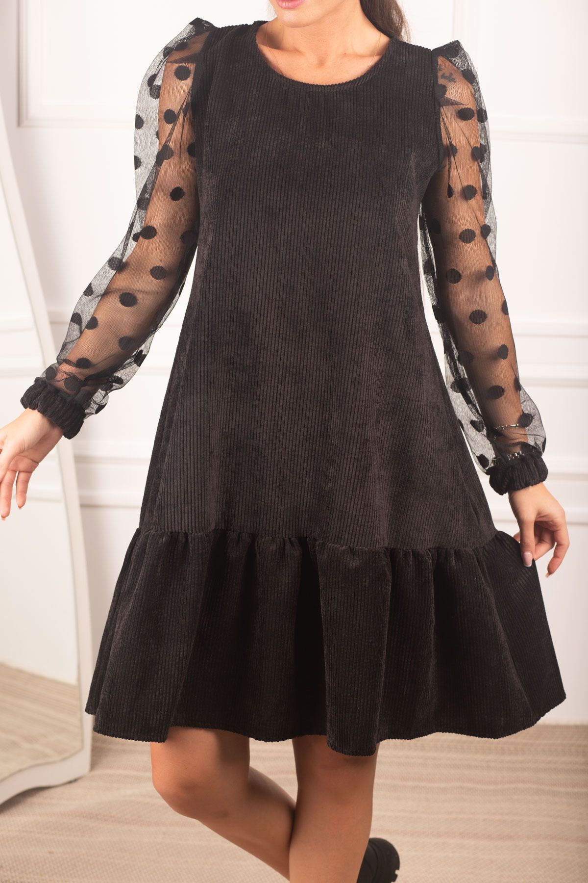 armonika Kadın Siyah Kolu Tüllü Alti Firfirli Elbise ARM-20K001110 ...