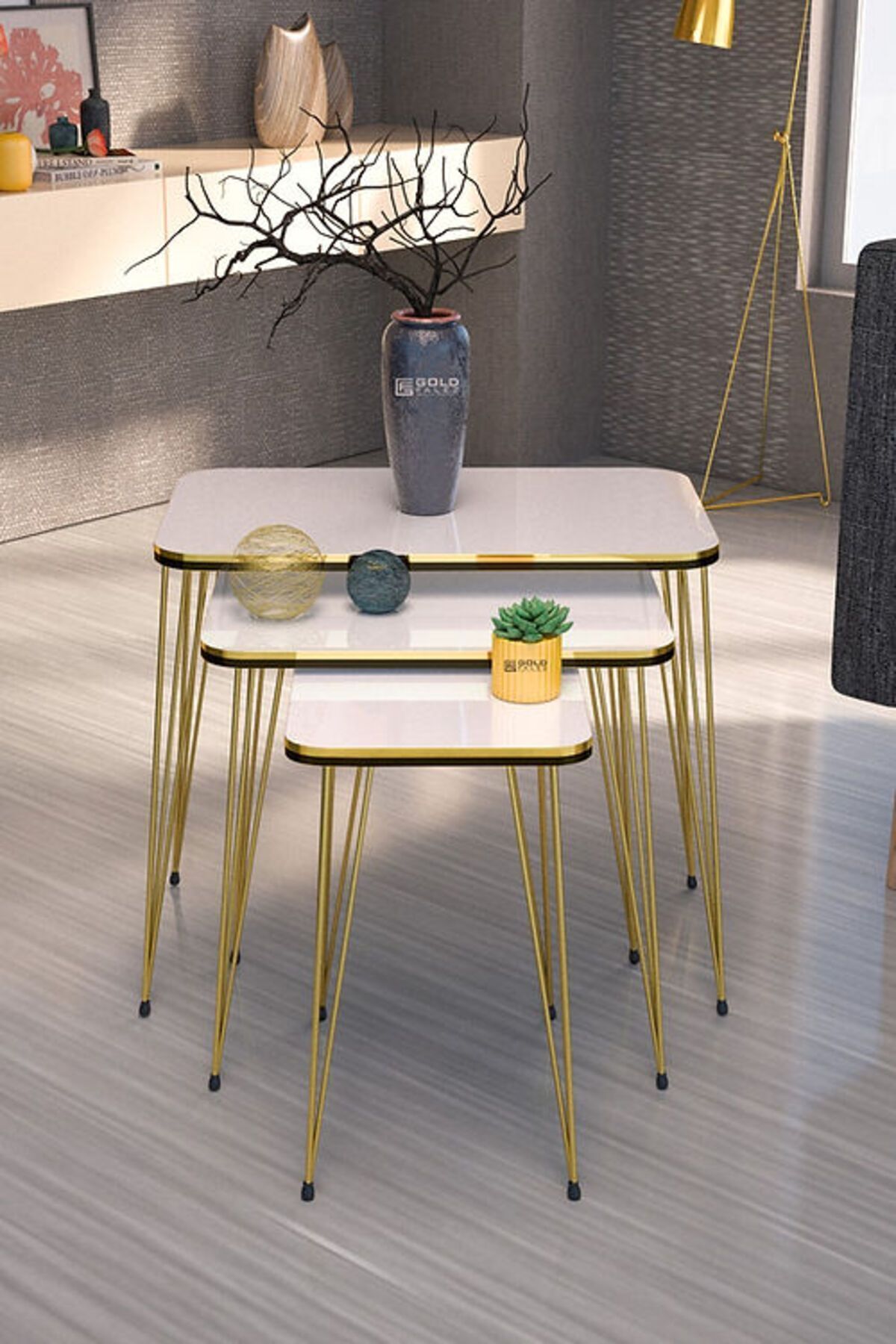 Golden Bark 3-piece set service side tables, serving coffee and tea ...