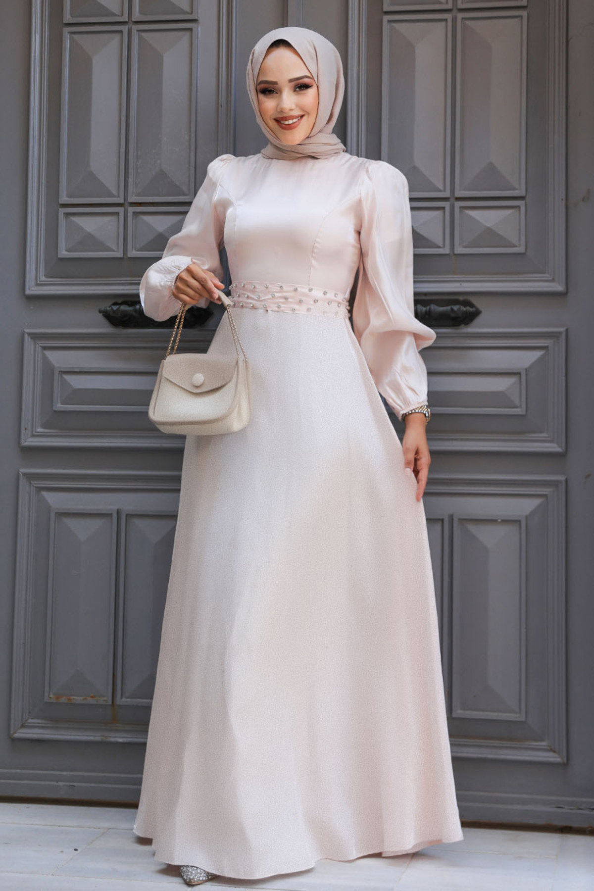 Neva Style Powder Color Hijab Evening Dress - Bead Detailed, Model No ...