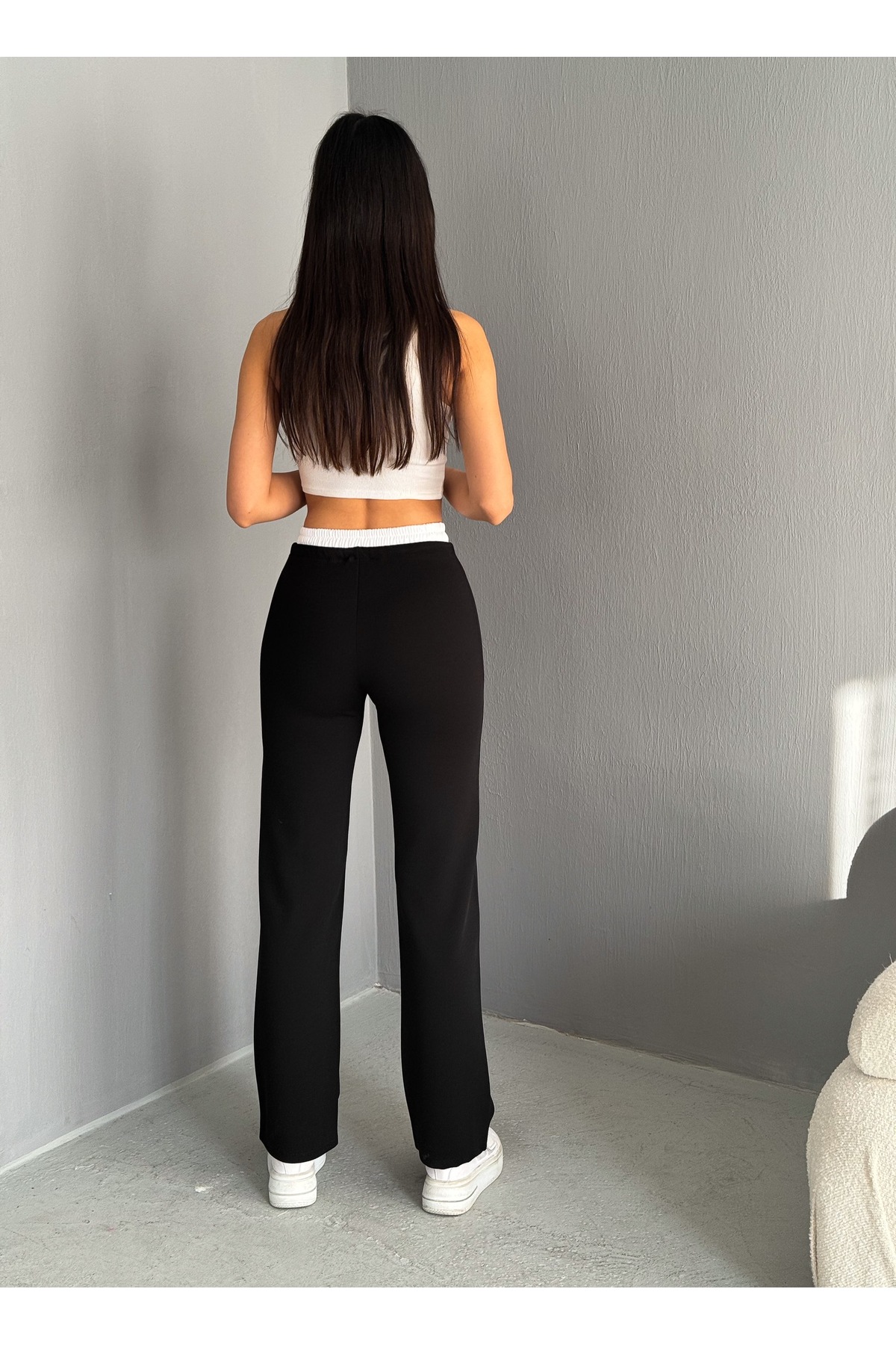 PUCKA FASHION Kadın Siyah Beli Beyaz Detaylı Örme Crep Pantolon Fiyatı ...