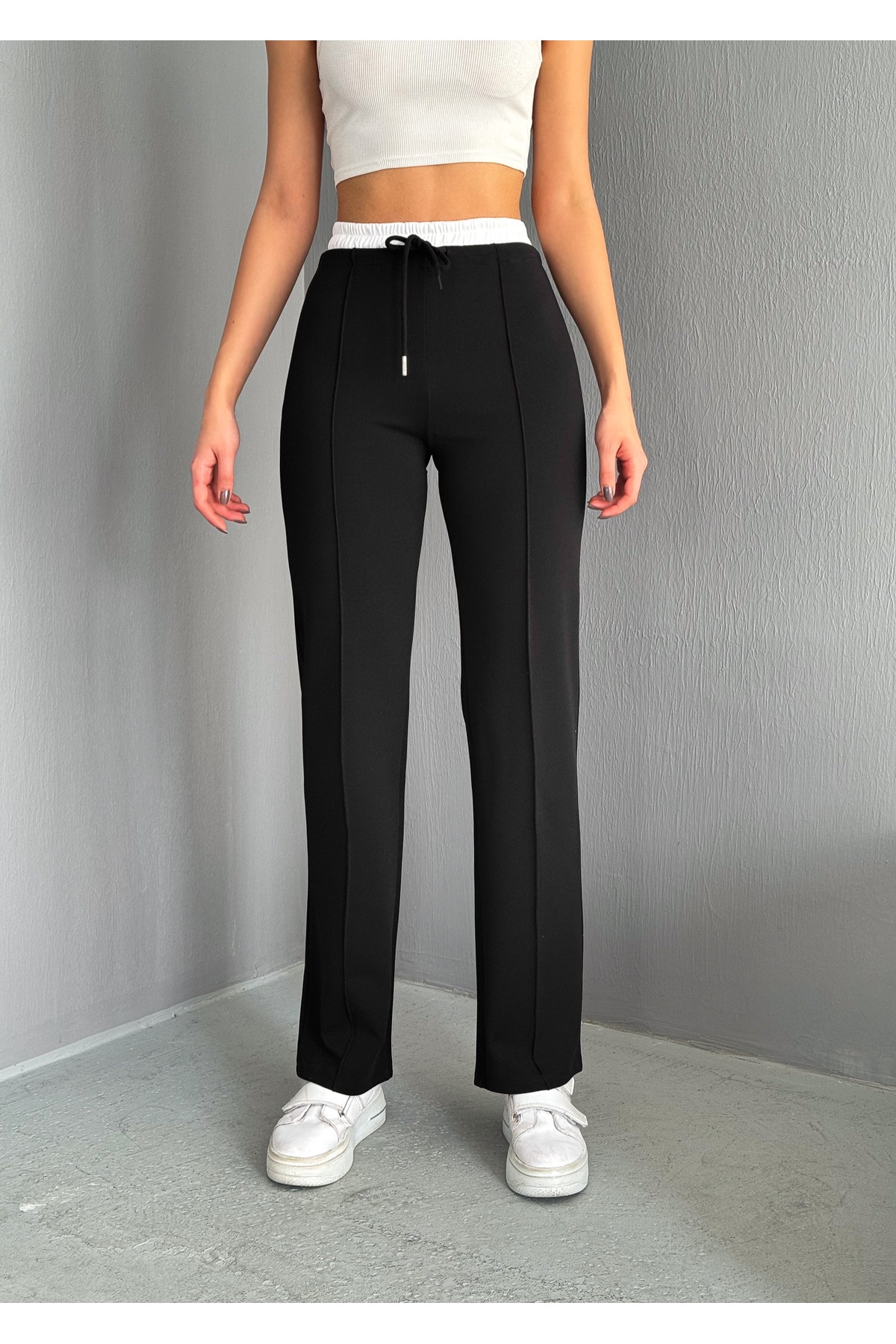 PUCKA FASHION Kadın Siyah Beli Beyaz Detaylı Örme Crep Pantolon Fiyatı ...