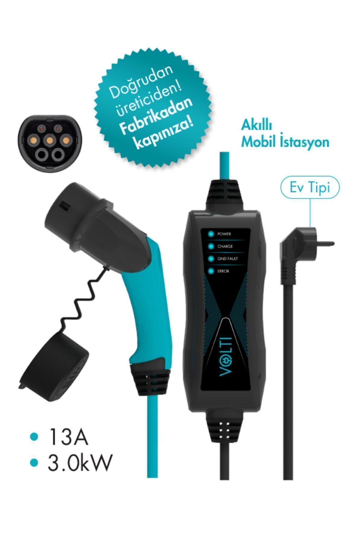 Volti Portatif Elektrikli Araç Şarj Cihazı - Tip-2, 3.0 Kw, 13a, 230v ...