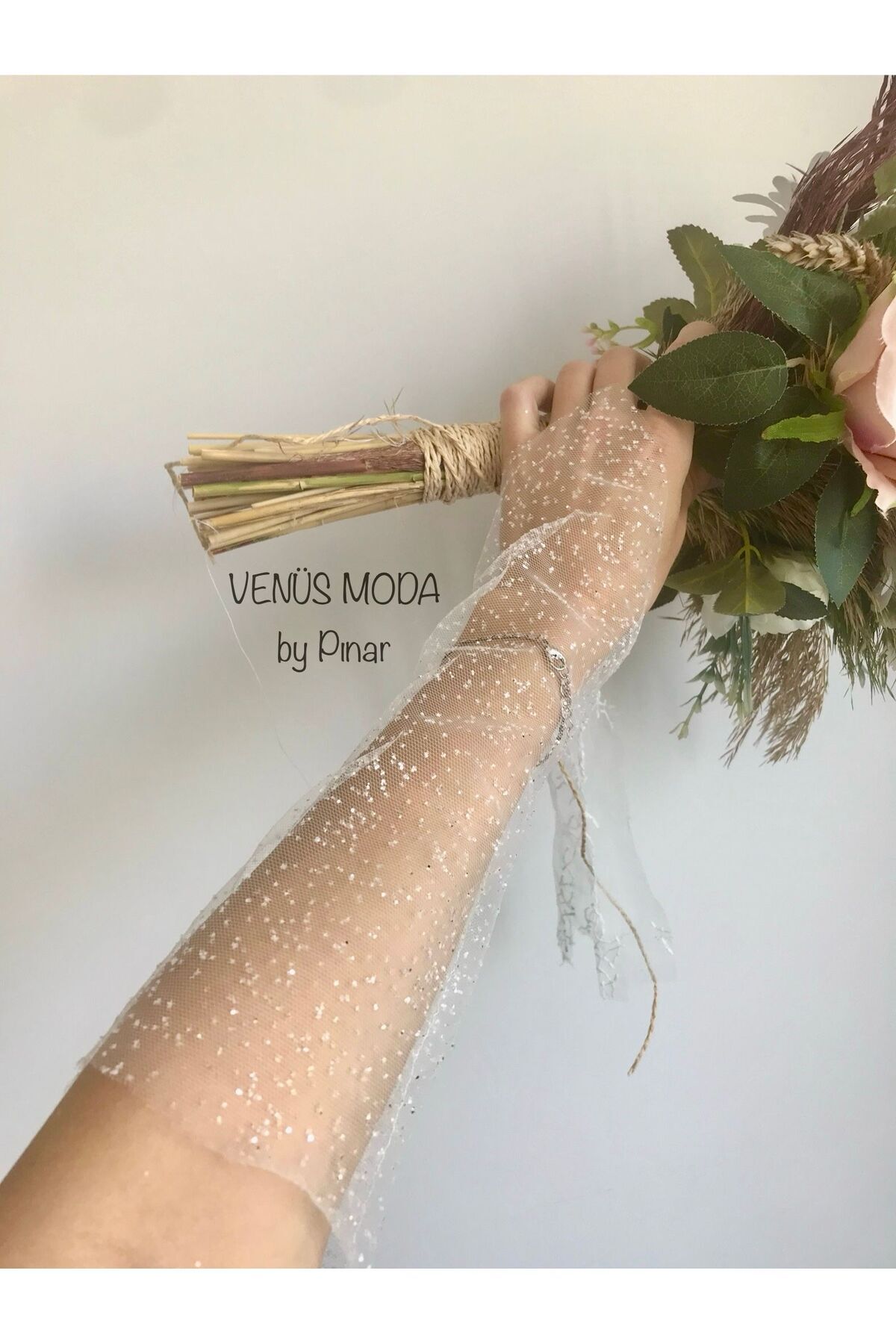 VENÜS MODA by Pınar Büyük Beden Simli Tül Eldiven L Beden Kırık Beyaz ...