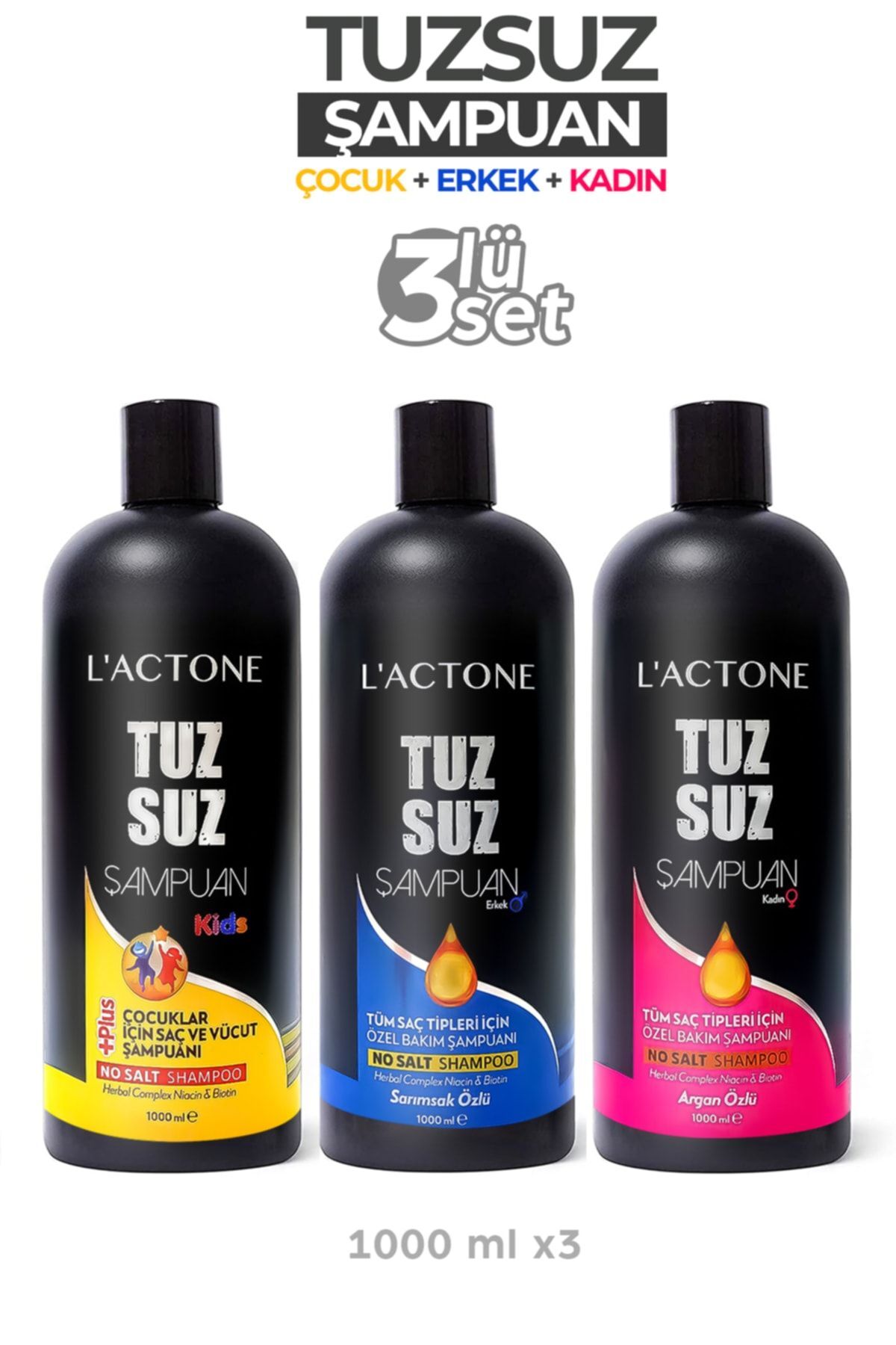 L'ACTONE Tuzsuz Şampuan Kadın & Erkek & Çocuk 3'lü Set 1000 ml / No ...